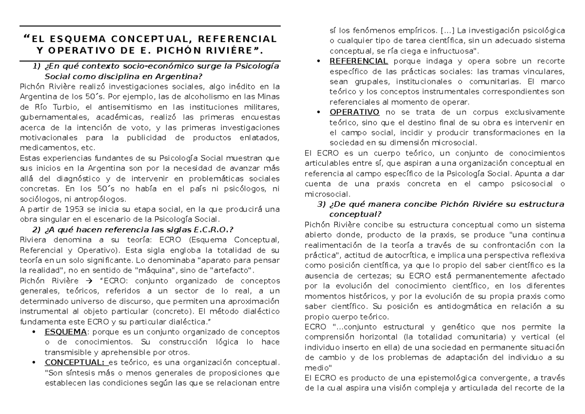 Pichón Riviére ECRO social - “E L E S Q U E M A C O N C E P T U A L , R E F E R E N C I A L Y O ...