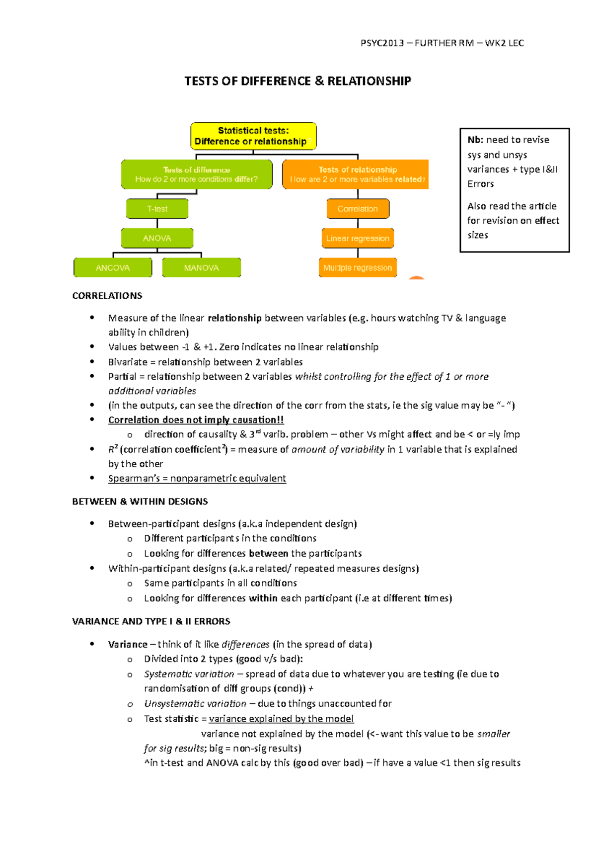 WK2 Tests of Difference - PSYC2013 – FURTHER RM – WK2 LEC TESTS OF ...