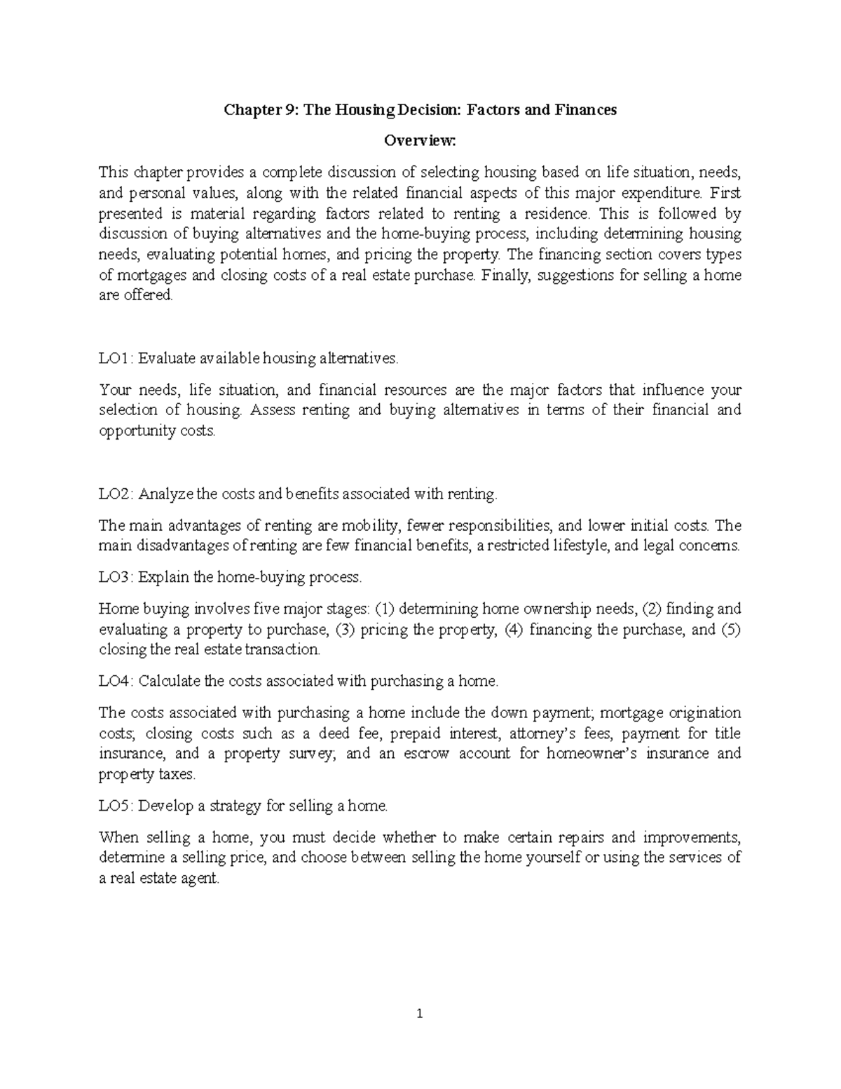 Chapter 9 - notes - Chapter 9: The Housing Decision: Factors and ...