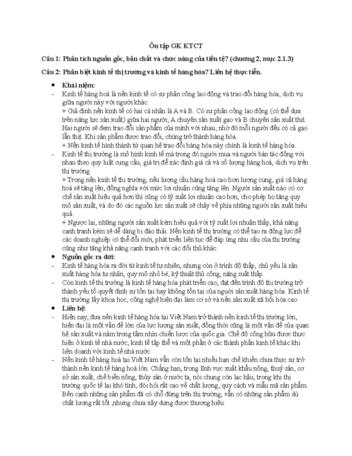 Ôn tập GK KTCT - Ôn tập gk KTCT 2 - Ôn tập GK KTCT Câu 1: Phân tích nguồn gốc, bản chất và chức ...