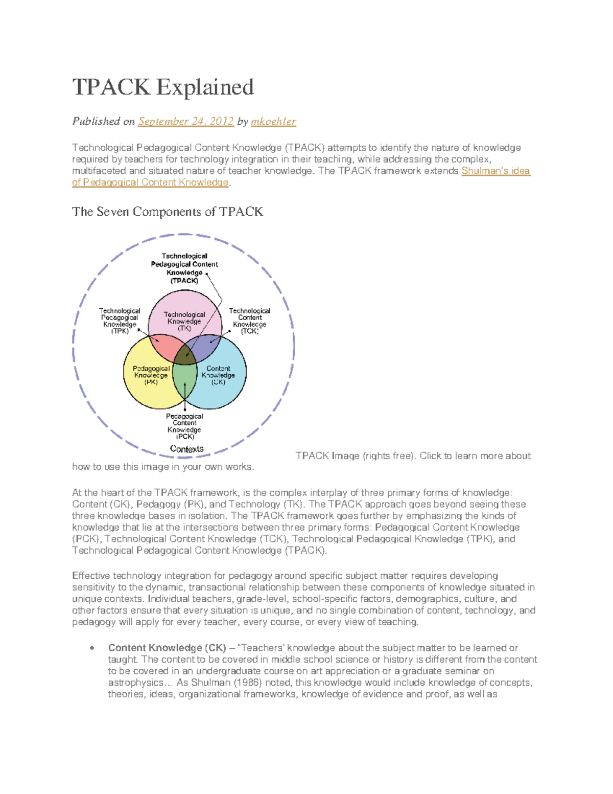 Tpackexplained - TPACK Explained Published on September 24, 2012 by ...