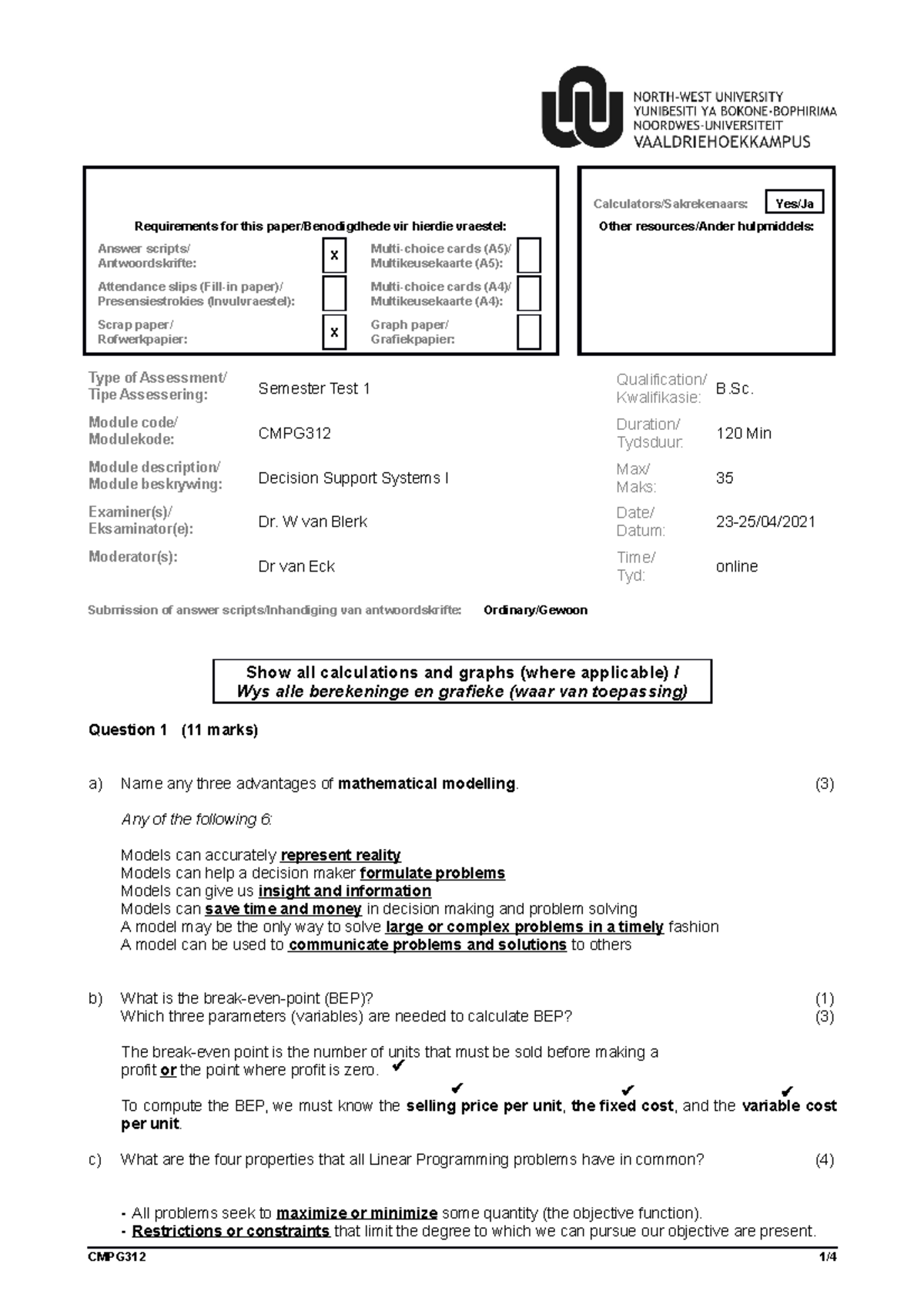 Semester Test 1 Memo - 23-25 April 2021 - Calculators/Sakrekenaars: Yes ...