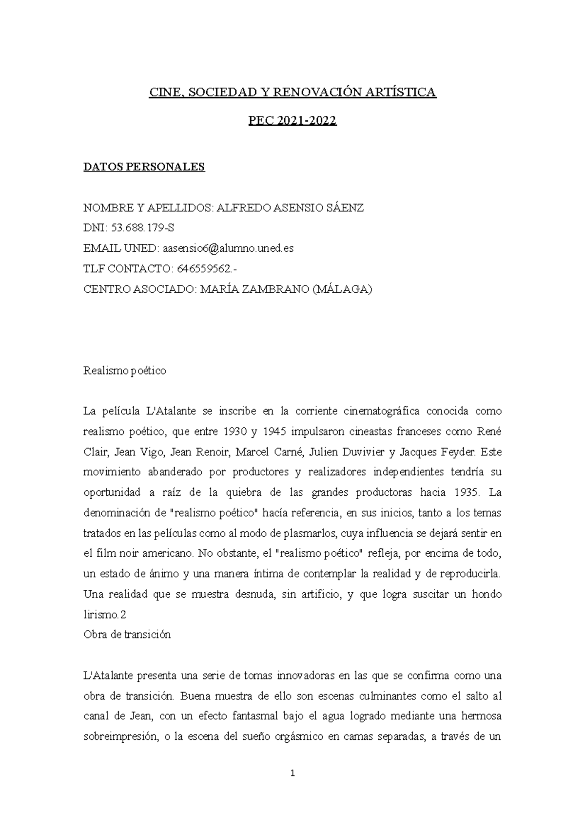 Trabajo Final. CINE Y Renovación Artística. Alfredo Asensio Sáenz ...