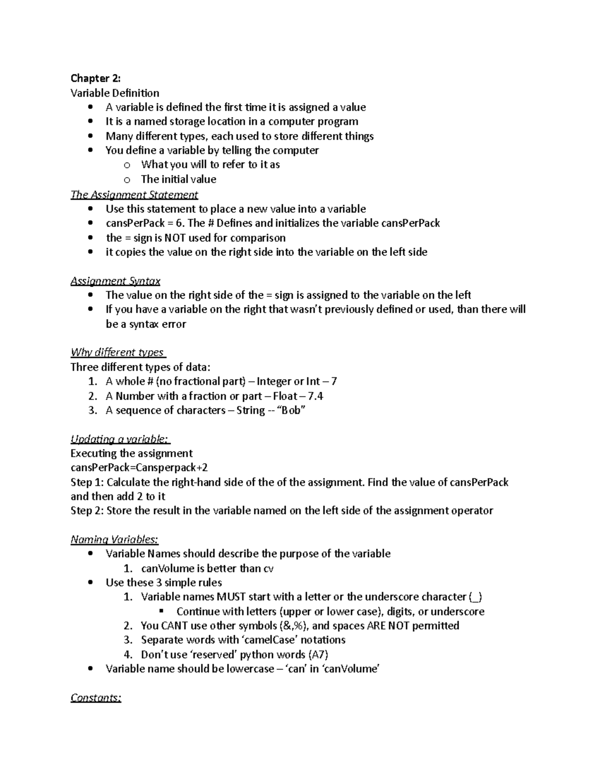 Chapter 2- lecture notes - Chapter 2: Variable Definition A variable is ...