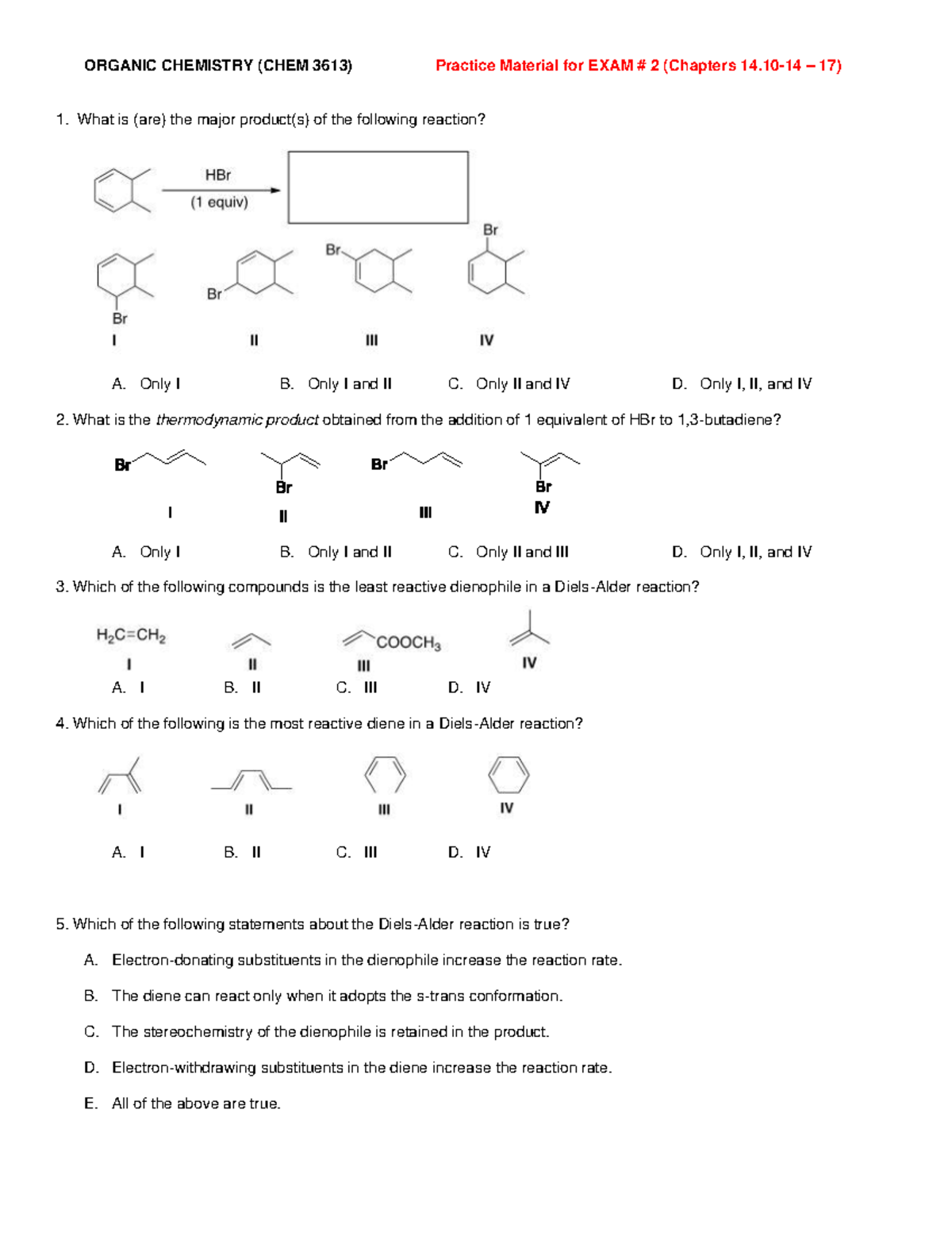 CHEM 3613 Practice Material Exam 2 up SP 2024 - ORGANIC CHEMISTRY (CHEM ...