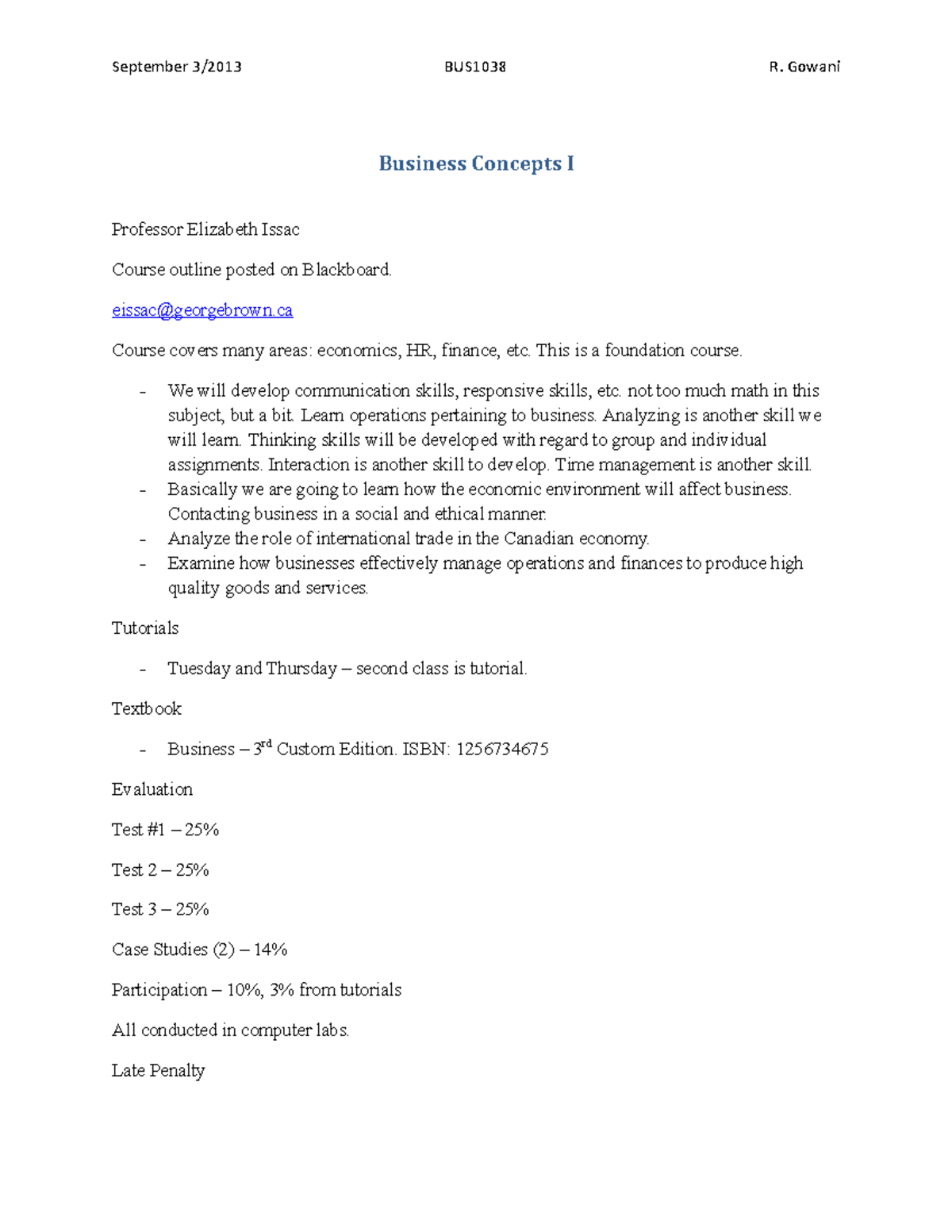 Introduction to Business Concepts - September 3/2013 BUS1038 R. Gowani ...