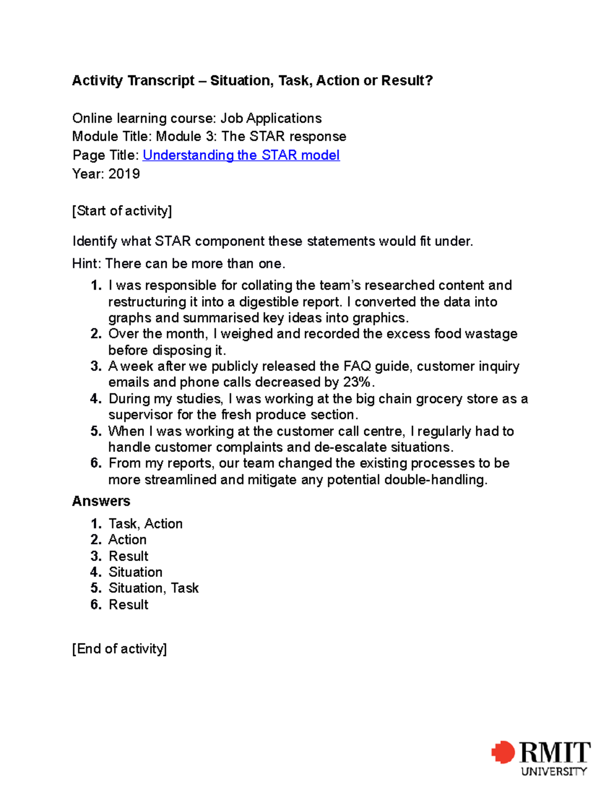 Situation, Task, Action or Result (.docx, 29KB) - Activity Transcript ...