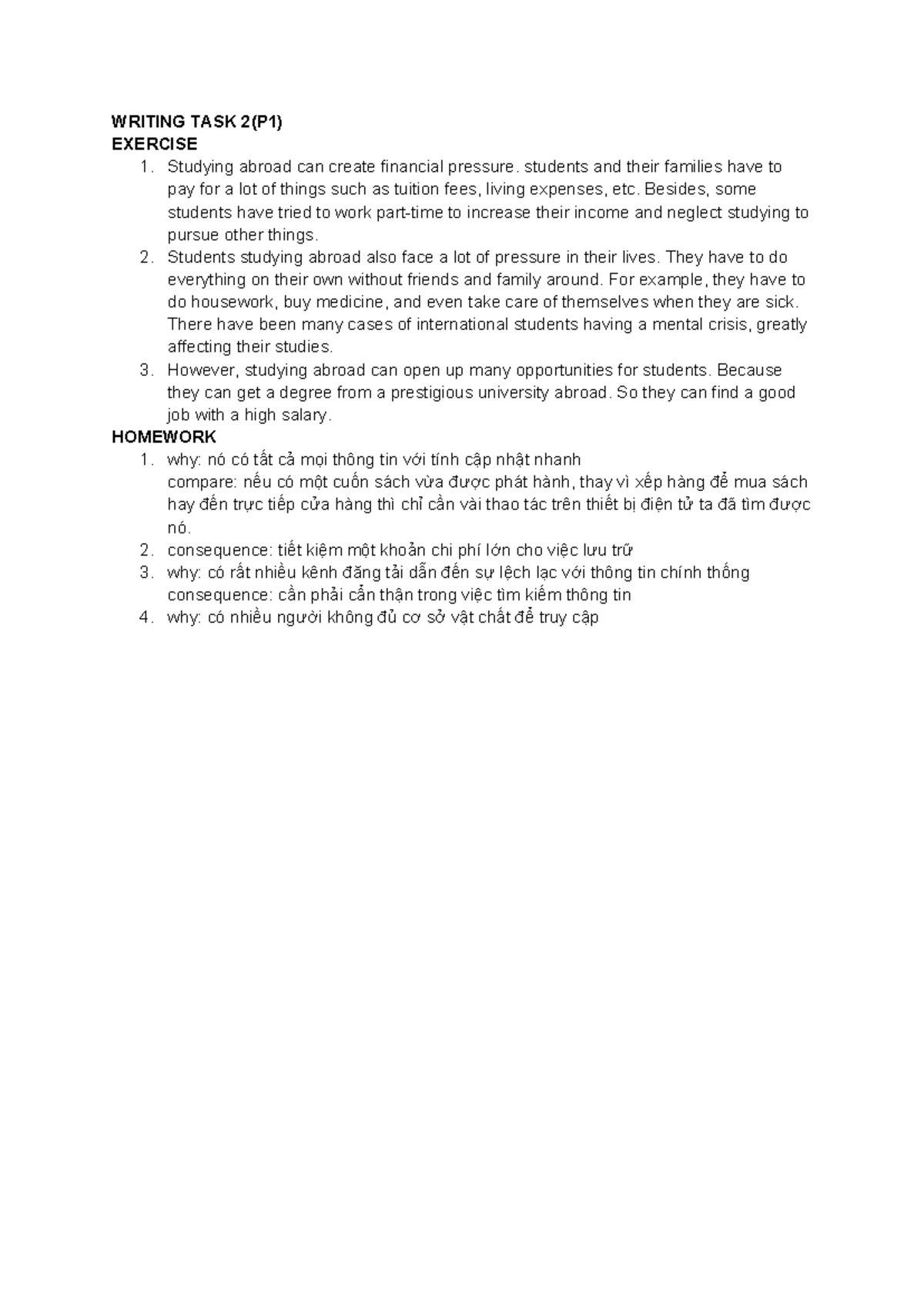Writing TASK 2(P1) - eng - WRITING TASK 2(P1) EXERCISE Studying abroad can create financial ...