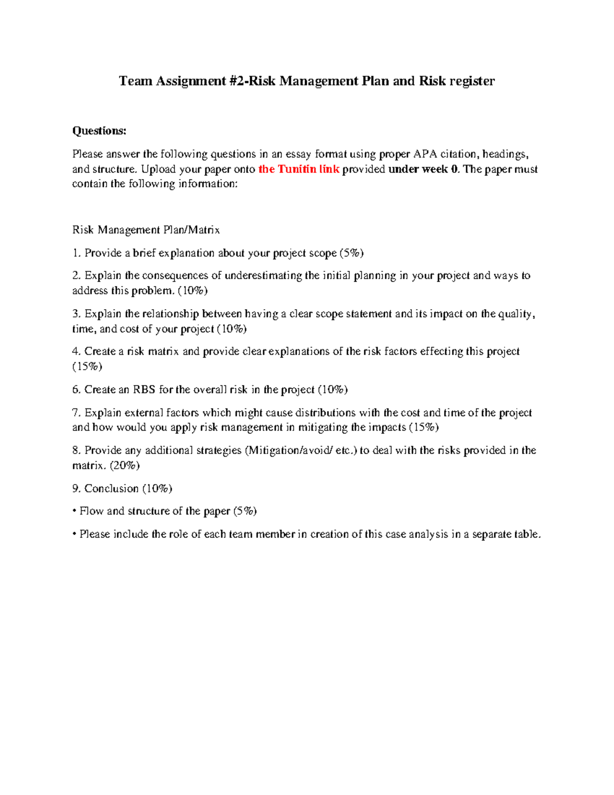Team Assignment #2 Risk management plan - Upload your paper onto the ...