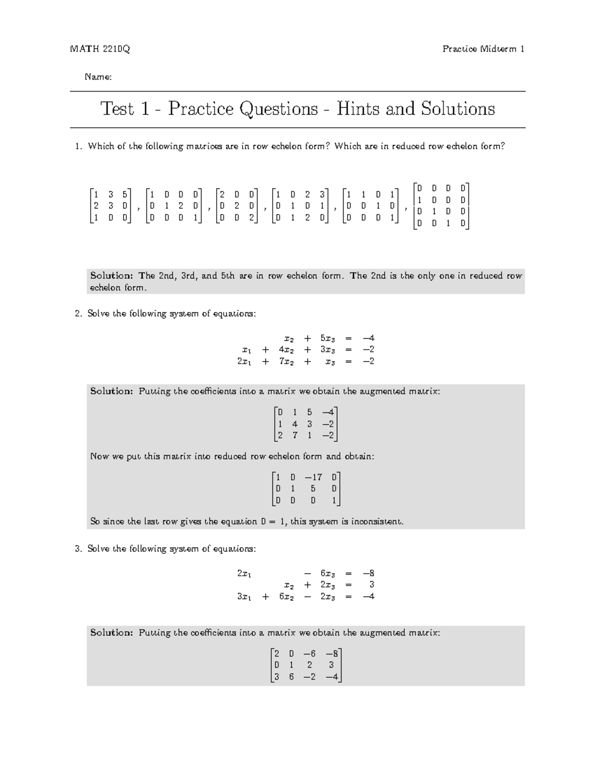 Echelon form Test1Practice Solutions-S16 - MATH 2210Q Practice Midterm ...