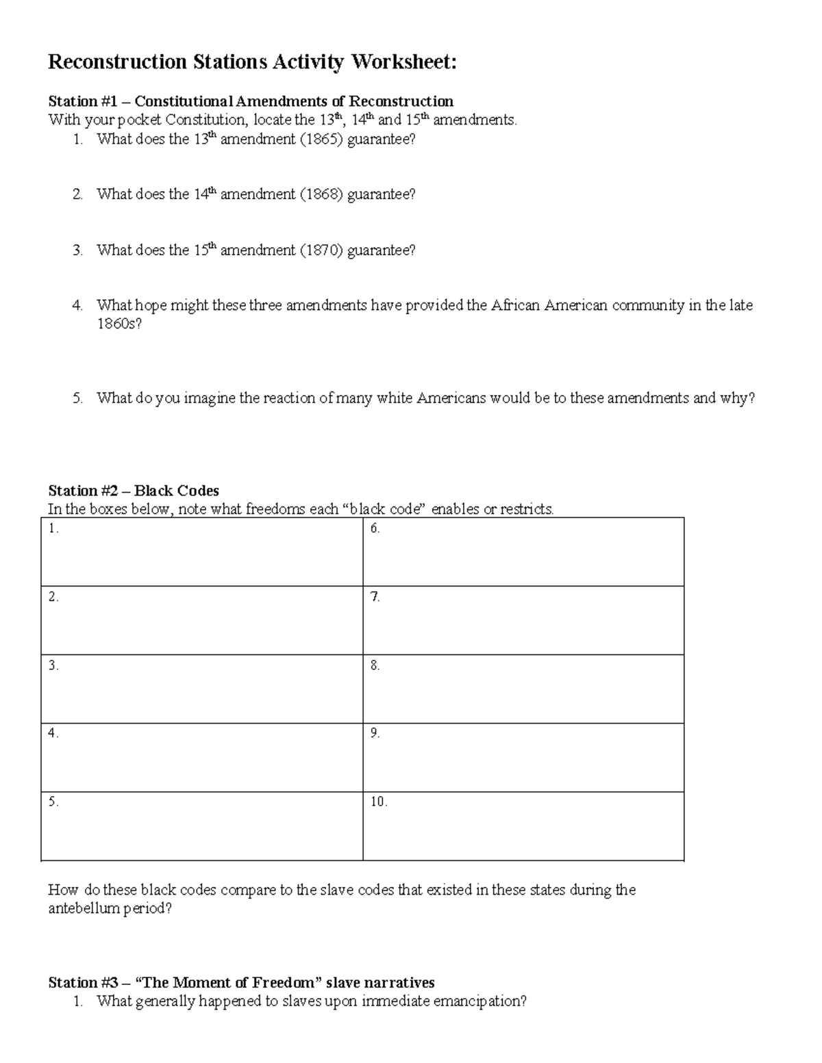 Reconstruction Stations Activity Worksheet - 1. What does the 13th ...