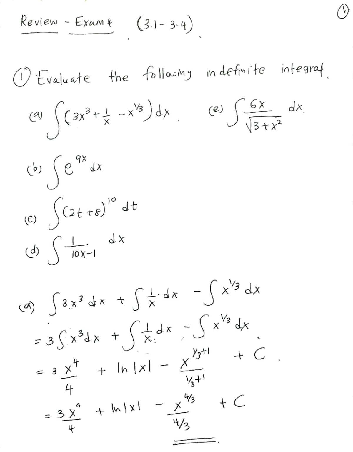4-19-22 - practice - Review Exam 4 I Evaluate the following indefinite ...