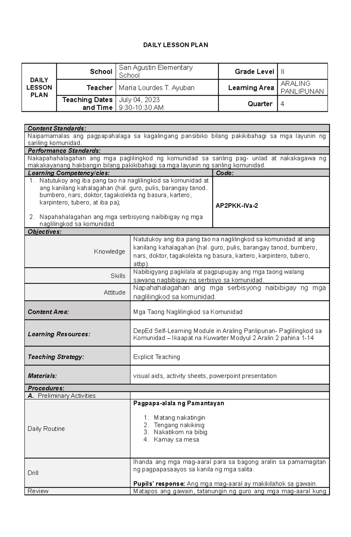 CO 2 AP2 Q4 - Lesson Plan - DAILY LESSON PLAN DAILY LESSON PLAN School San Agustin Elementary ...