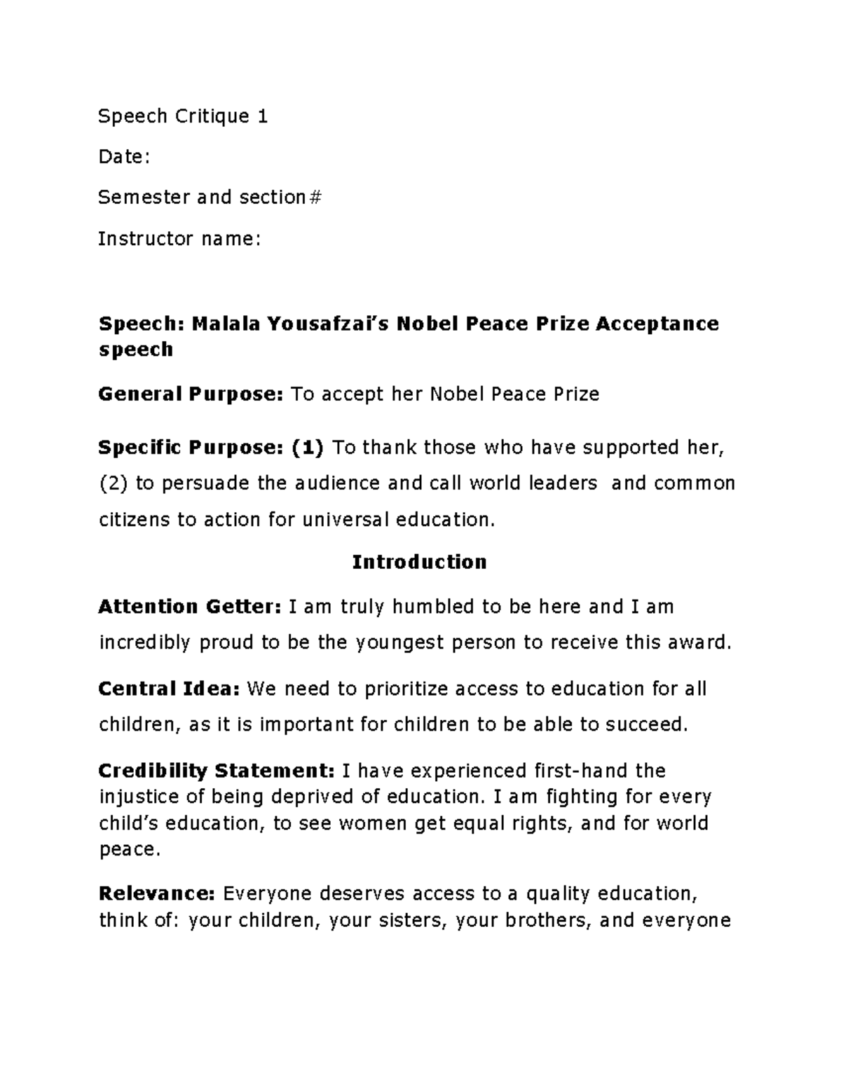 Speech Critique 1 Sample Malala Yousufzai speech - Speech Critique 1 ...