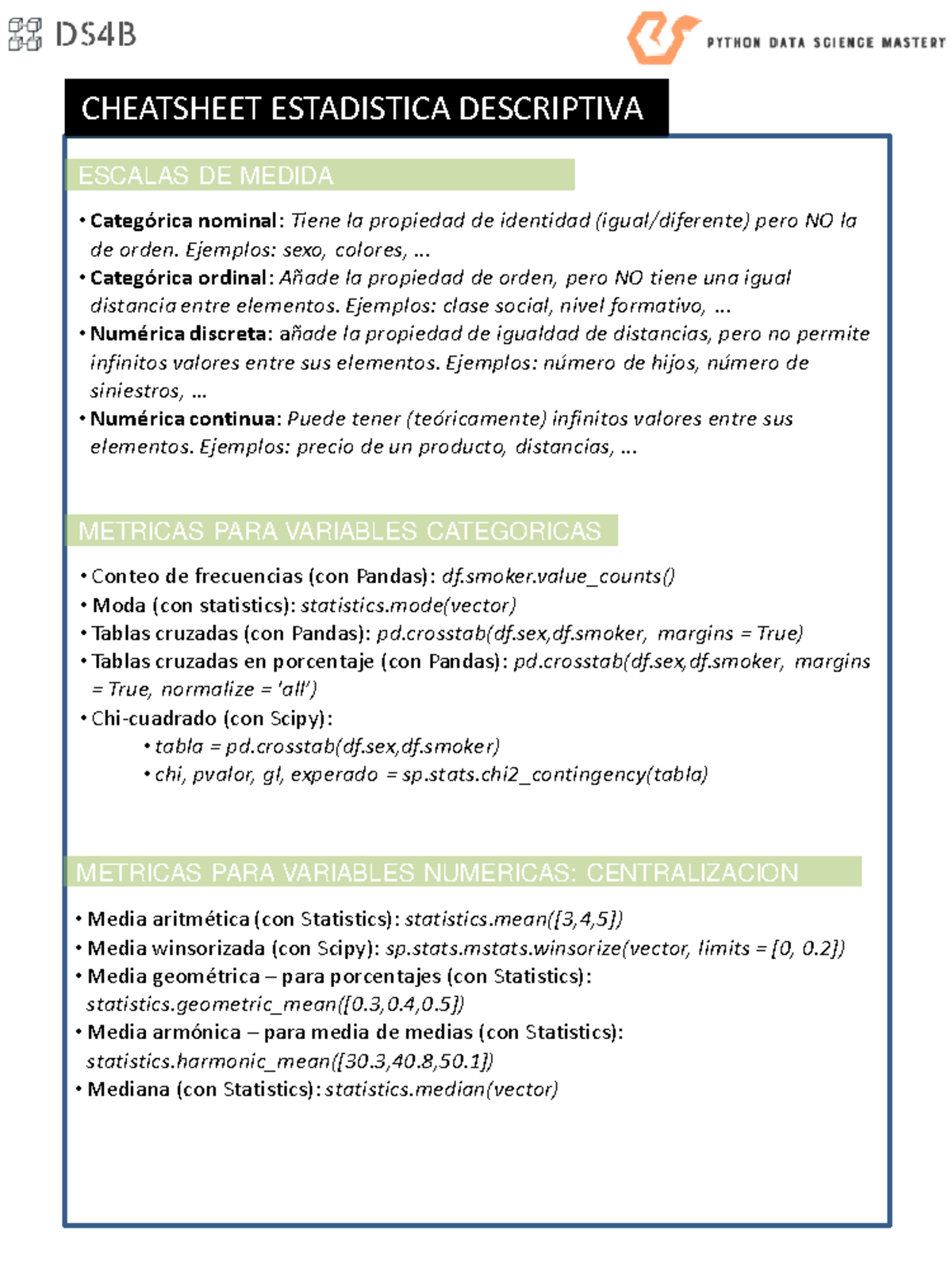 Cheatsheet Estadistica Descriptiva - ESCALAS DE MEDIDA Categórica ...
