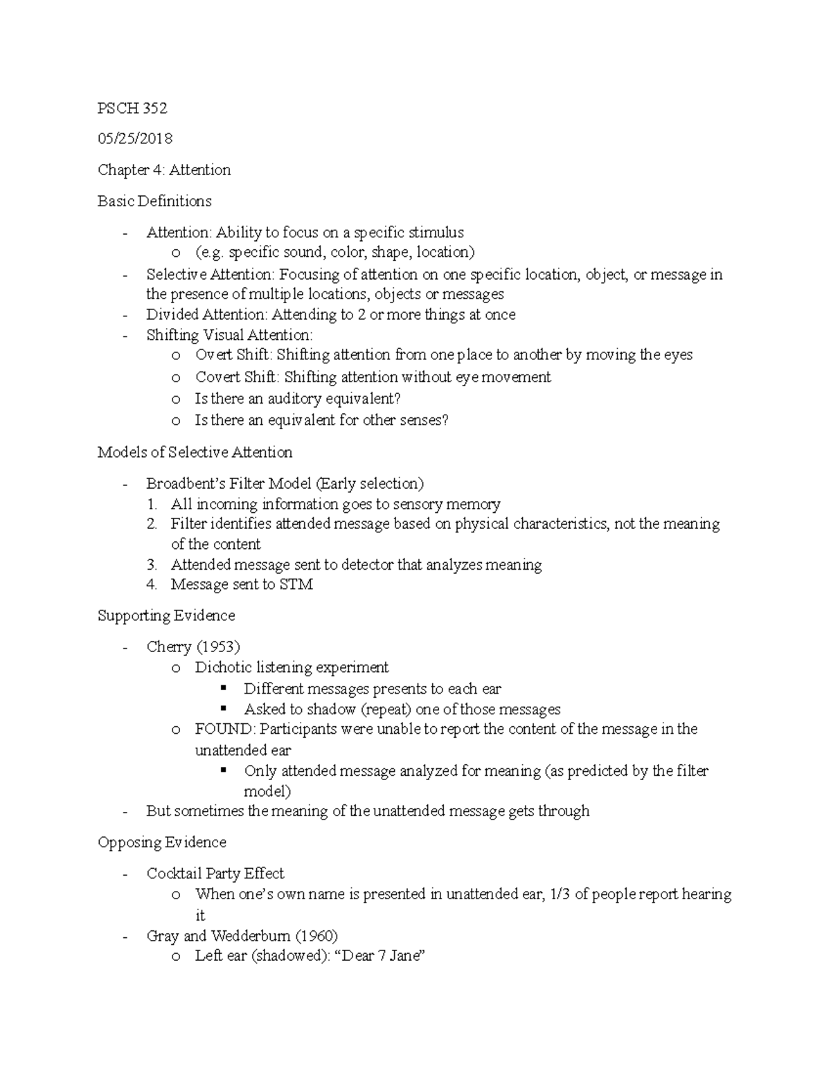 Notes 05-25-2018 Chapter 4 - Attention - PSCH 352 05/25/ Chapter 4 ...