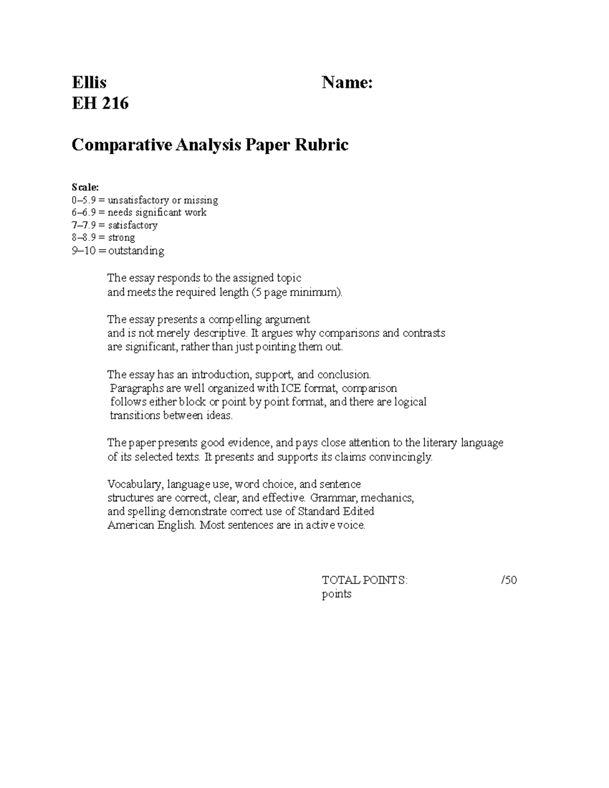 Comparative Analysis Rubric - Ellis Name: EH 216 Comparative Analysis ...