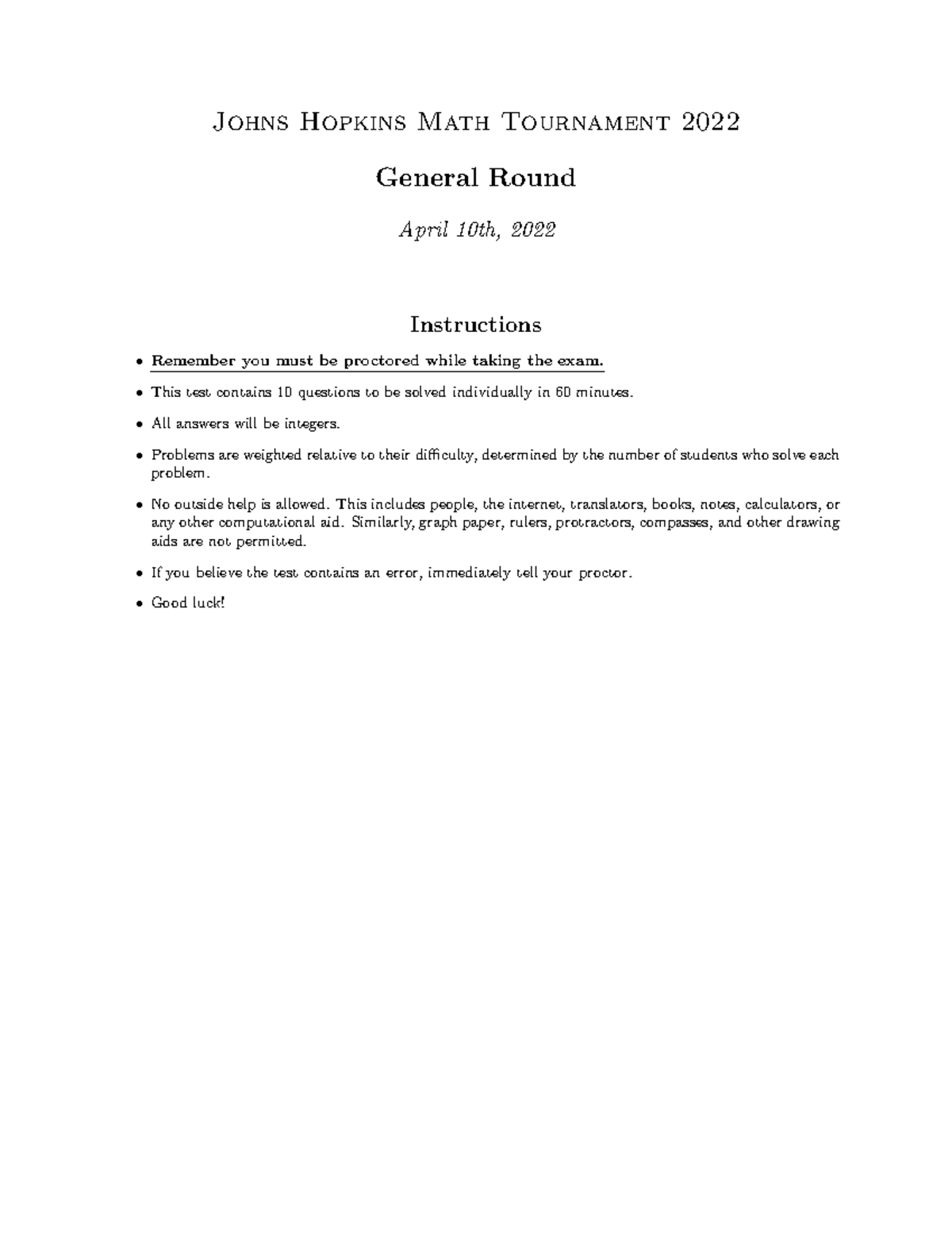 JHMT 2022 General with Answer Key - Johns Hopkins Math Tournament 2022 ...