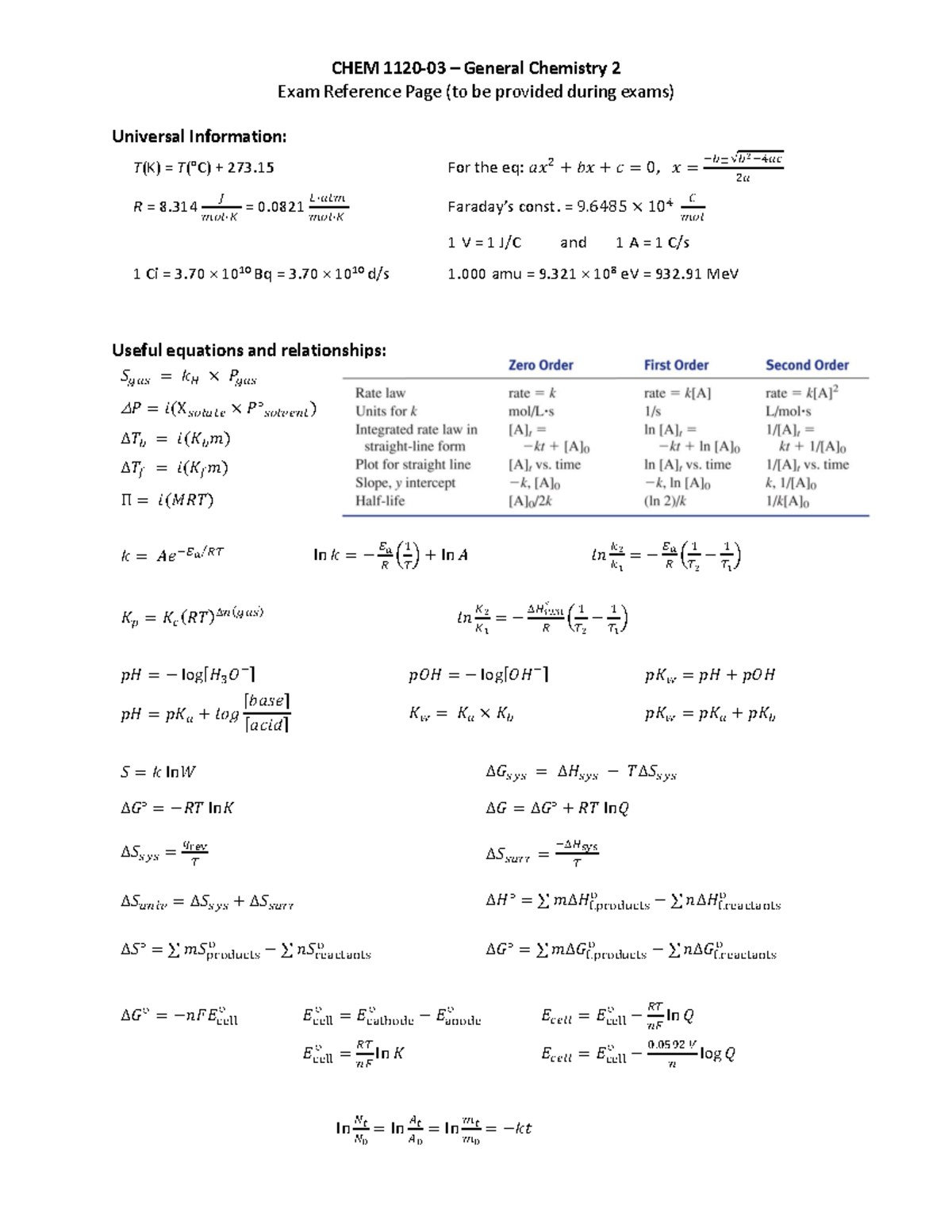 CHEM 1120 Equations Sheet S22 MH - CHEM 1120- 03 – General Chemistry 2 ...