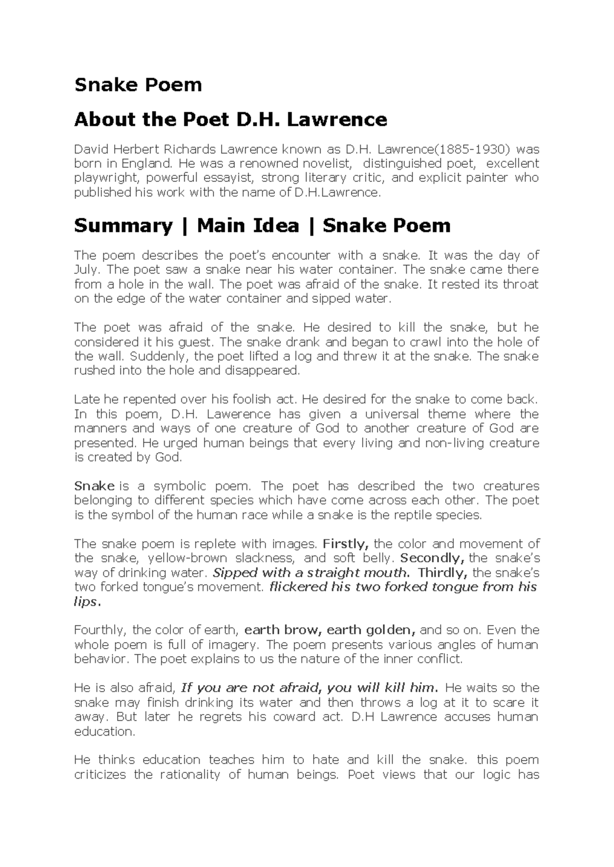 Snake Poem - VERY GOOD POEM - Snake Poem About the Poet D. Lawrence ...