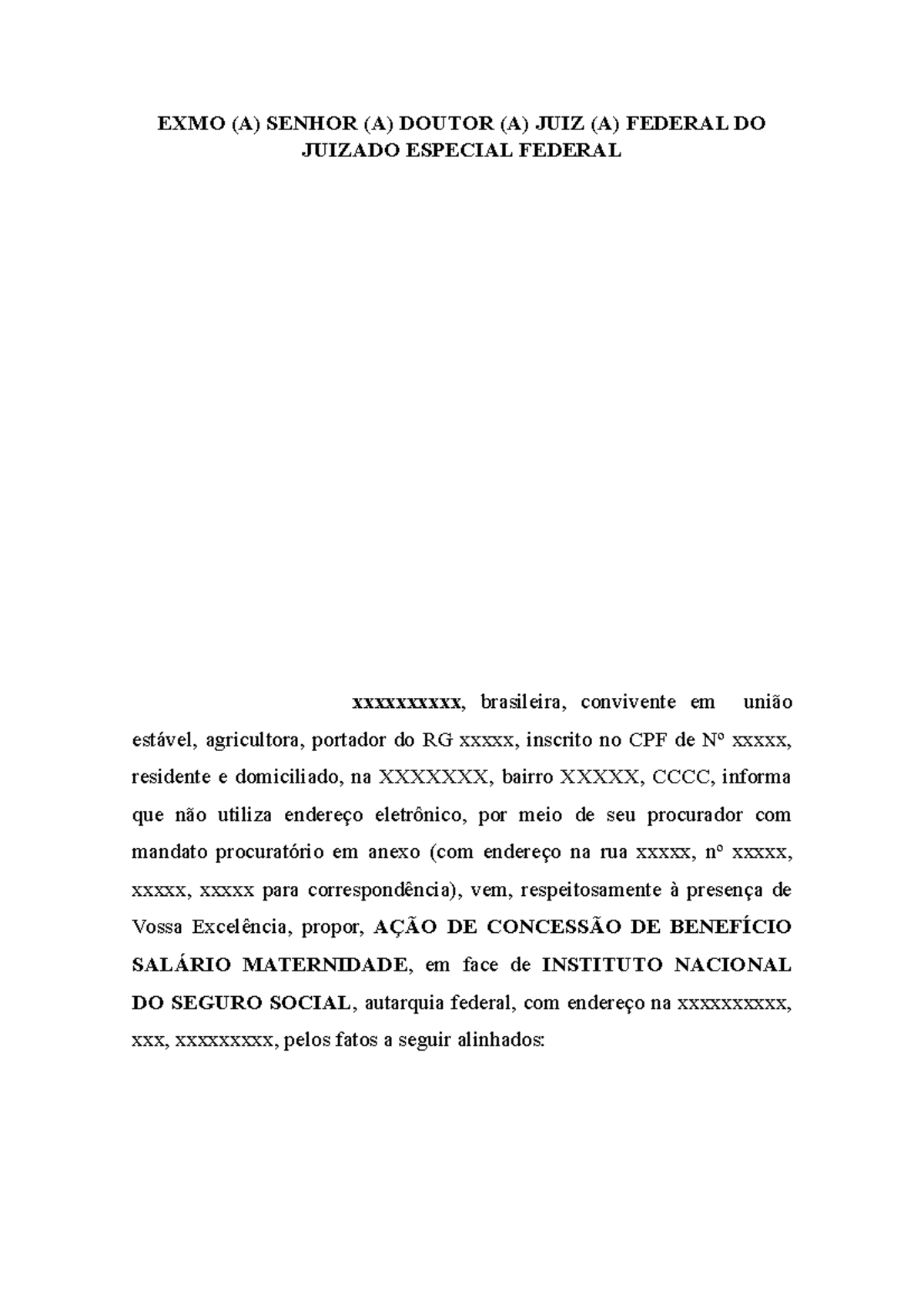 Peti%E7%E3o+inicial+sal%E1rio+maternidade+segurada+especial - EXMO (A ...
