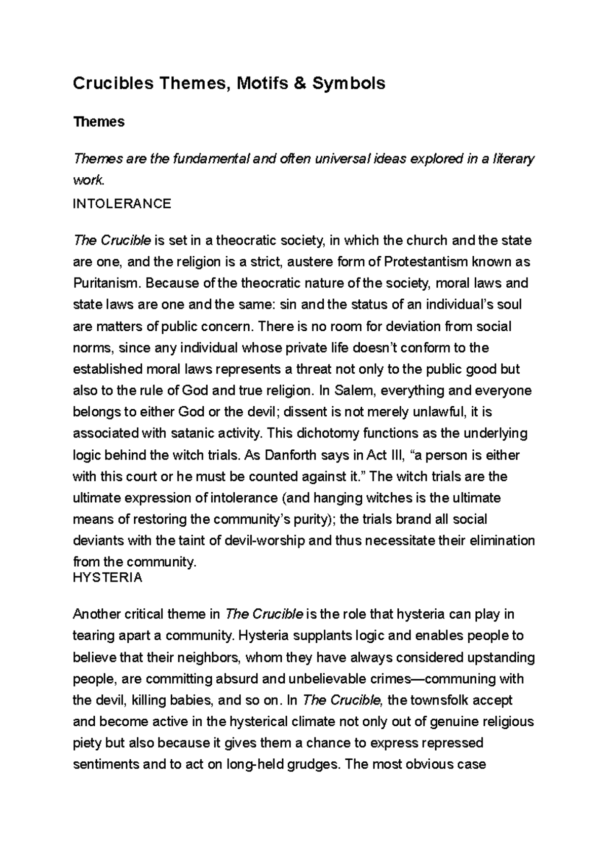 Crucibles Themes - Summary The Crucible - Crucibles Themes, Motifs ...