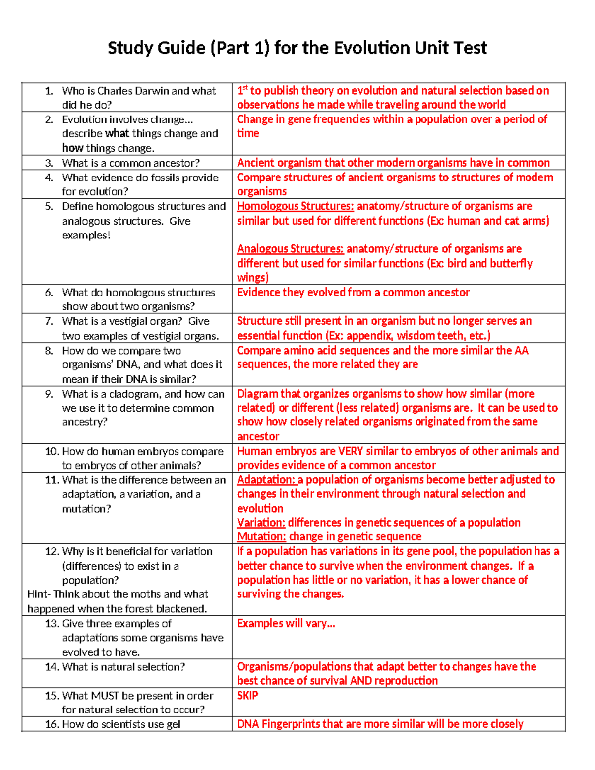 Evolution study guide part 1 KEY - Study Guide (Part 1) for the ...