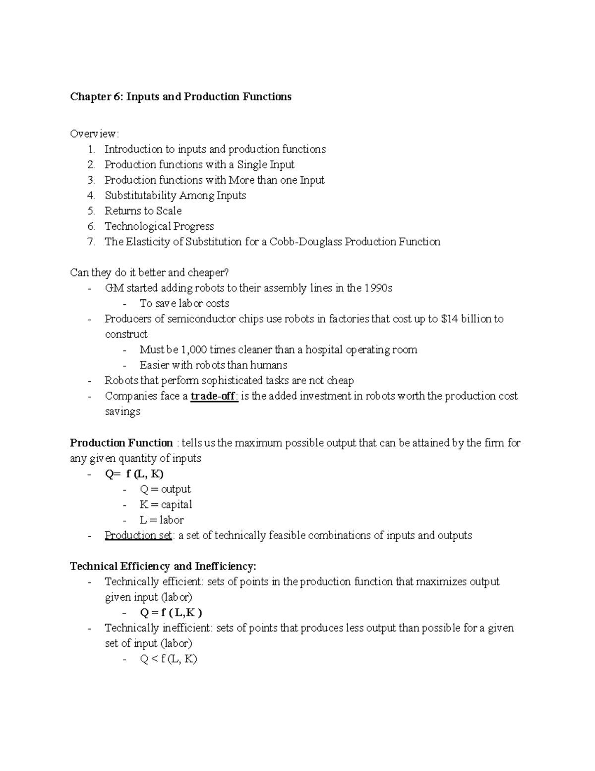 Econ 360 chapter 6 notes - Chapter 6: Inputs and Production Functions ...