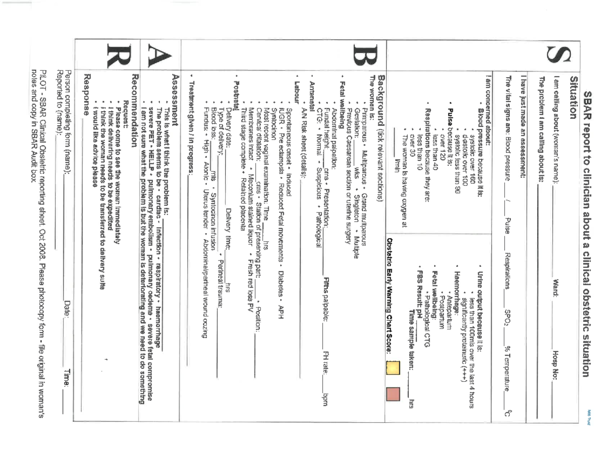 Perinatal SBAR - SBAR report to clinician about a clinical obstetric ...