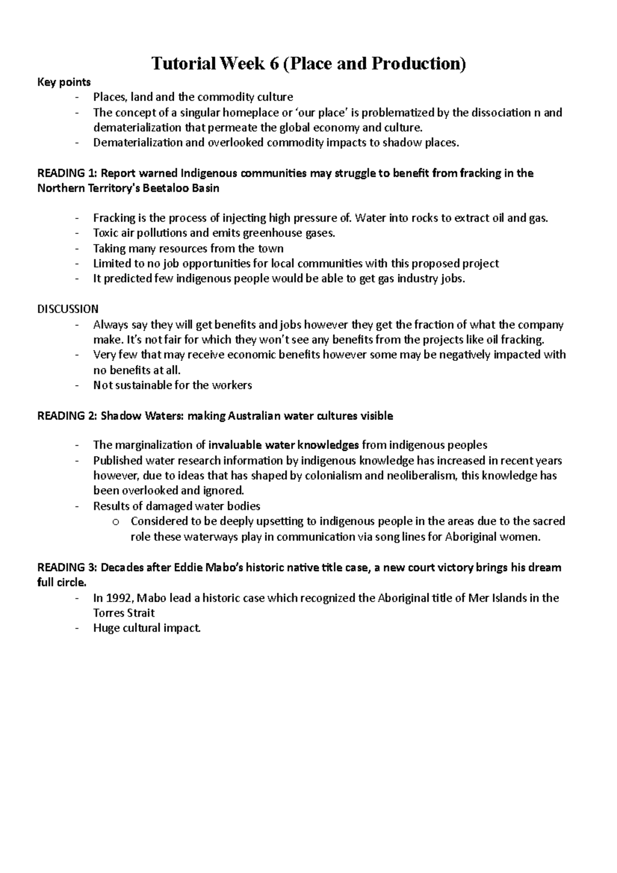 Tutorial 6 - Tutorial Week 6 (Place and Production) Key points - Places, land and the commodity ...