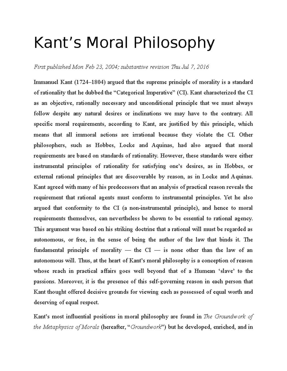 Kant's CI - kant categorical imperative - Kant’s Moral Philosophy First ...