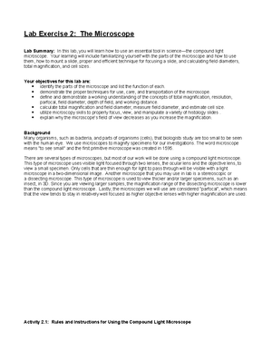 Lab 2-The Microscope Worksheet - Lab Exercise 2: The Microscope Lab Summary: In this lab, you ...