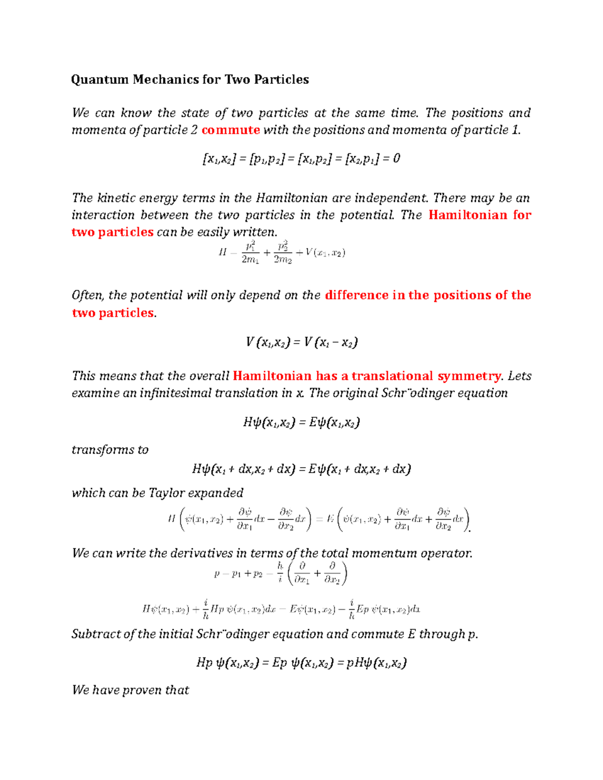 Quantum Mechanics for Two Particles - The positions and momenta of ...
