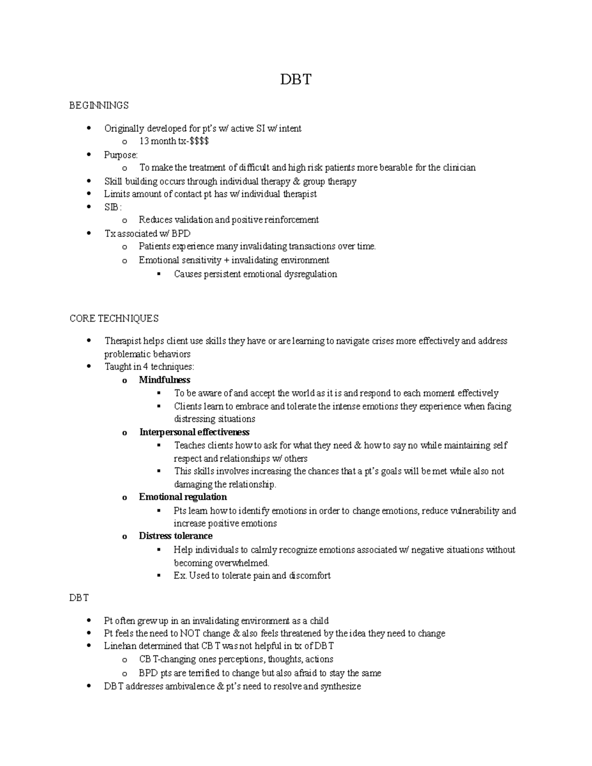 DBT - DBT outline - DBT BEGINNINGS Originally developed for pt’s w ...