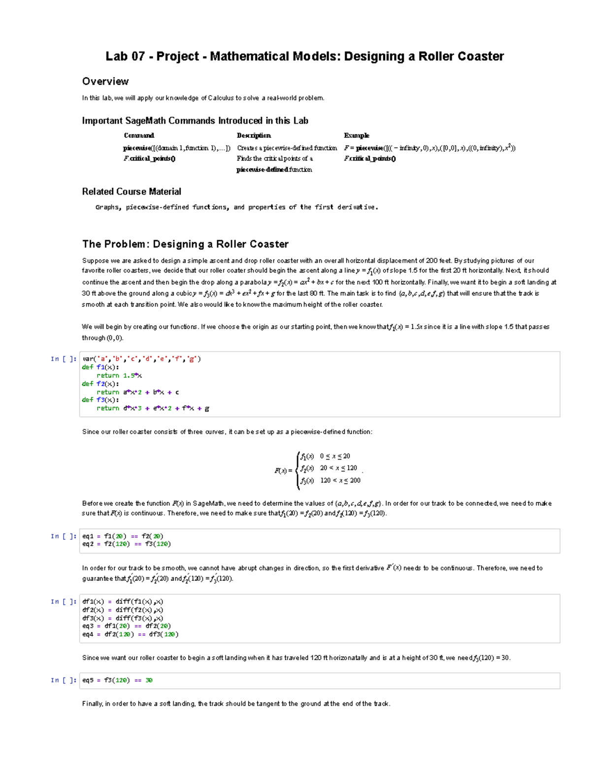 Lab 07 Project Mathematical Models Designing A Roller Coaster Jupyter Notebook Lab 07