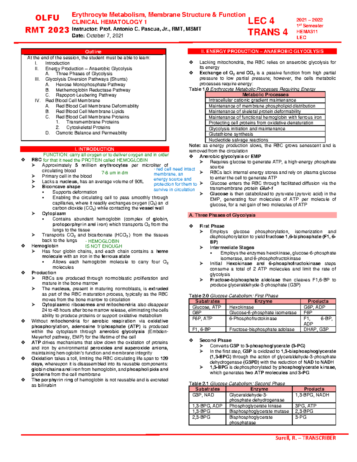 Midterm 1-RBC-2 - Lecture notes - Erythrocyte Metabolism, Membrane ...