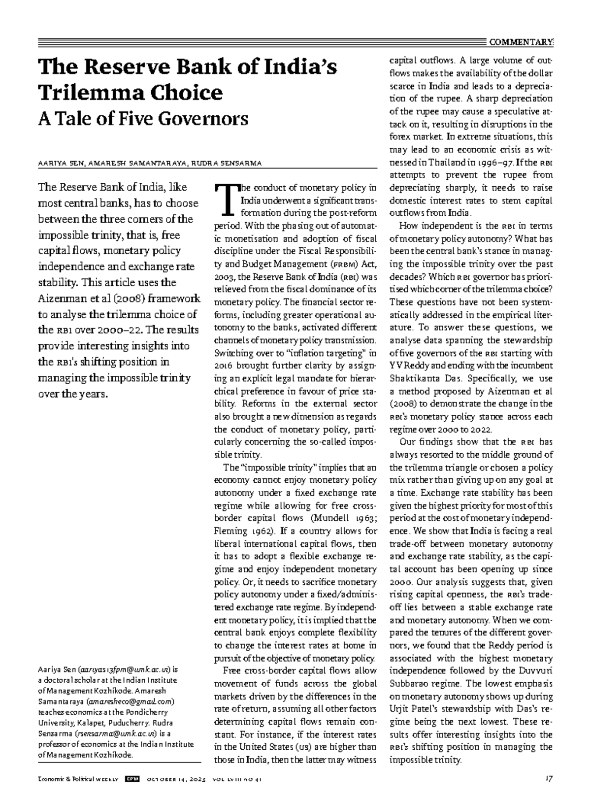 Impossible Trinity EPW - Economic & Political Weekly EPW OCTOber 14 ...