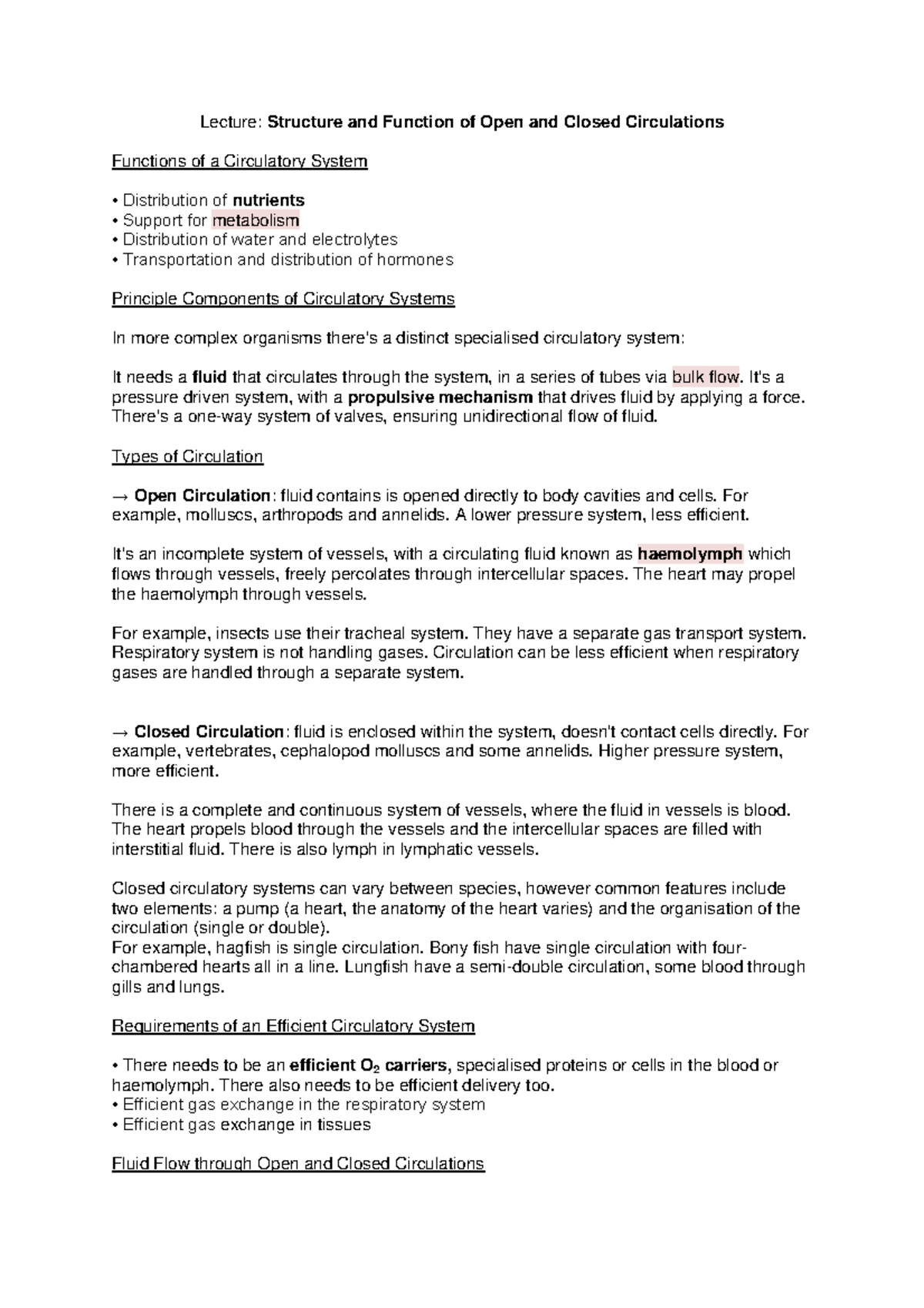 Circulation Lecture Lecture Structure And Function Of Open And Closed Circulations