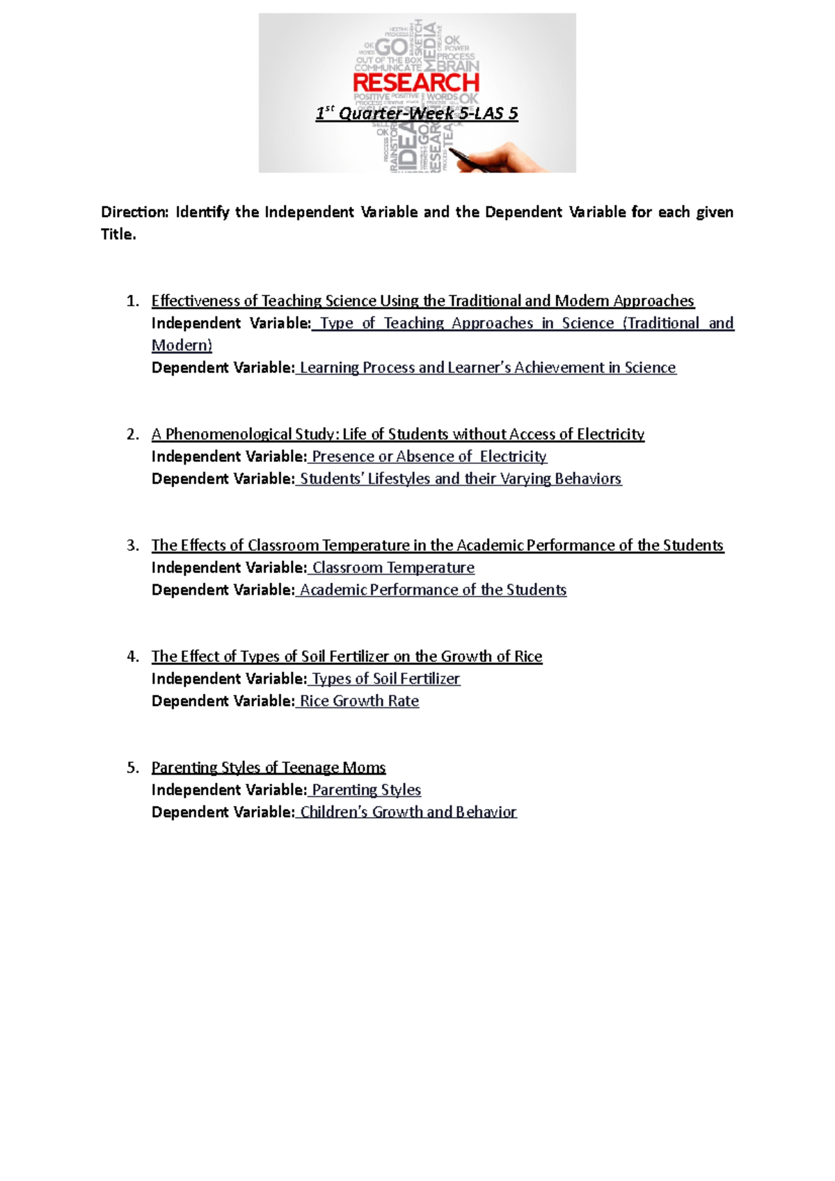 Practical Research W5 (Arturo Andre Roxas) - 1 st Quarter-Week 5-LAS 5 ...