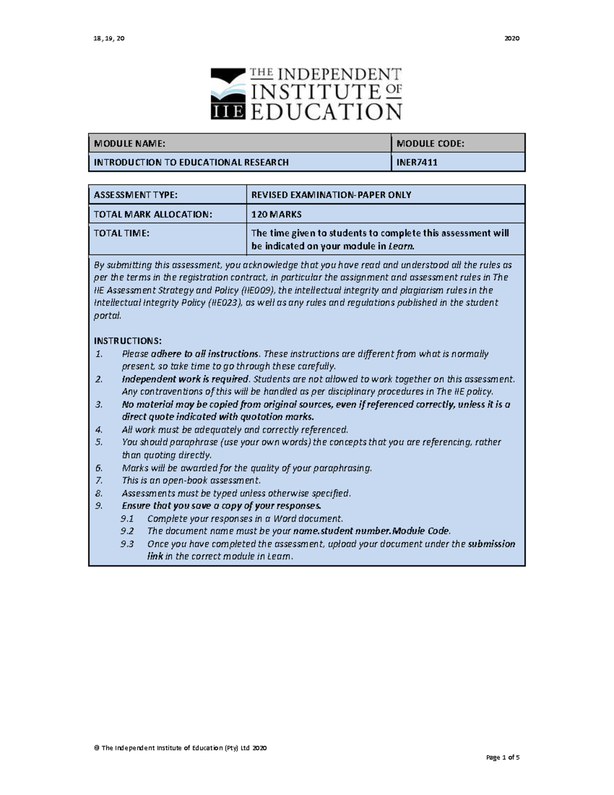 INER7411 Ea C19 - © The Independent Institute of Education (Pty) Ltd 2020 MODULE NAME: MODULE ...