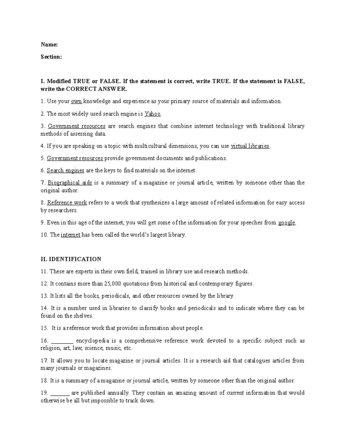SUMMARY LECTURE NOTES - Name: Section: I. Modified TRUE or FALSE. If ...