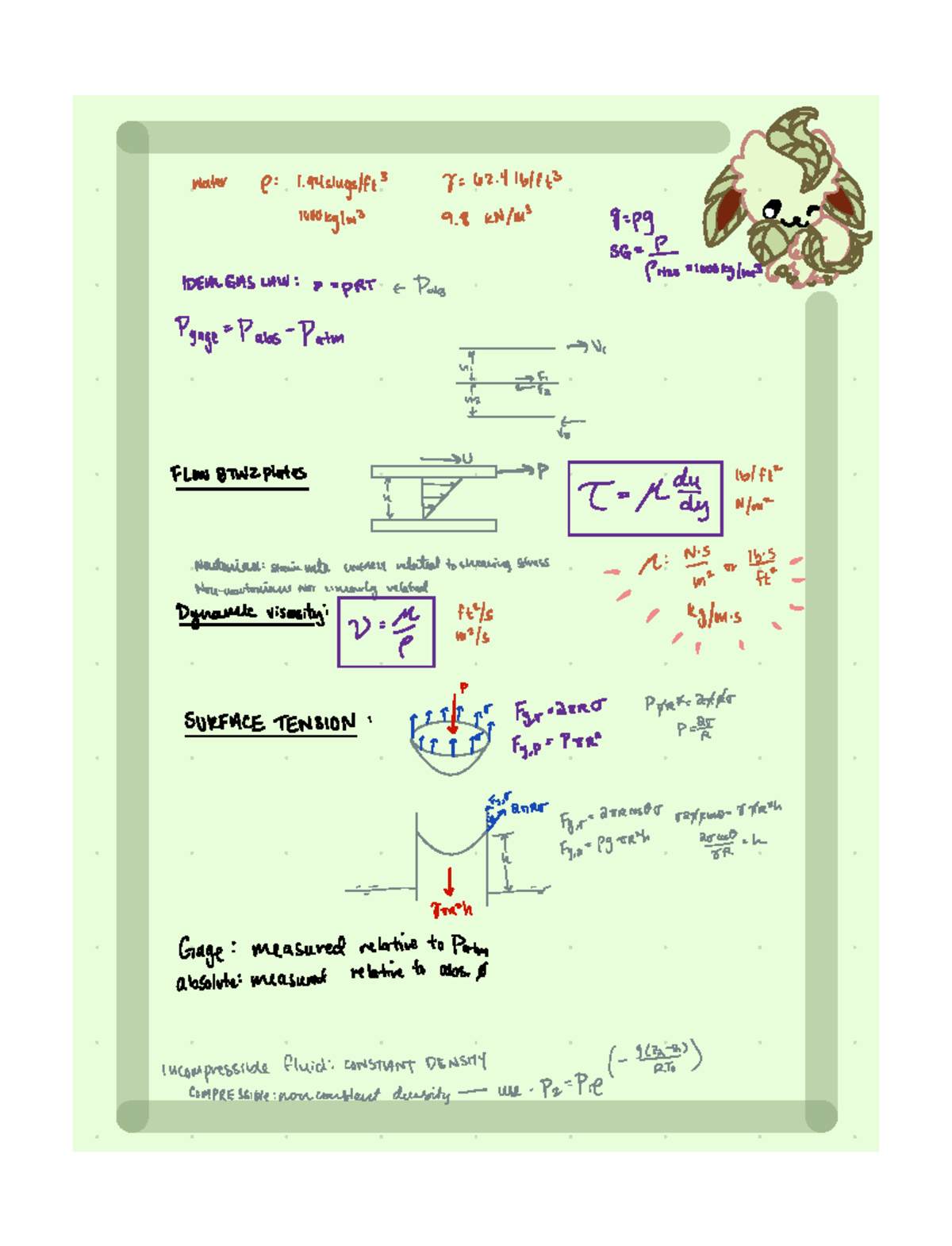 Fluid - exam 1 summary - Water p 1 3 2 62 743 1000kgm3 9 kN m J pg SG ...