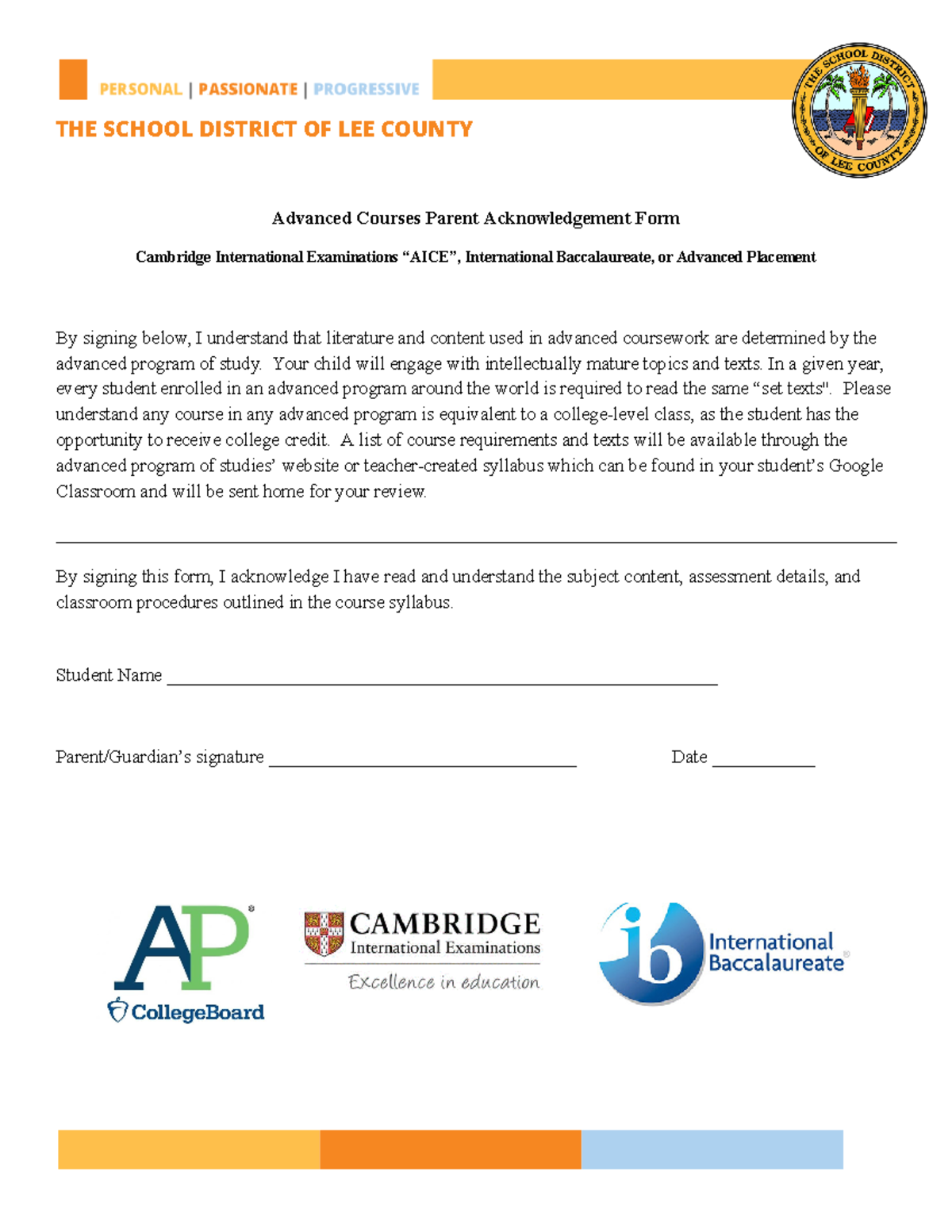 Advanced Courses Parent Acknowledgement Form - THE SCHOOL DISTRICT OF ...