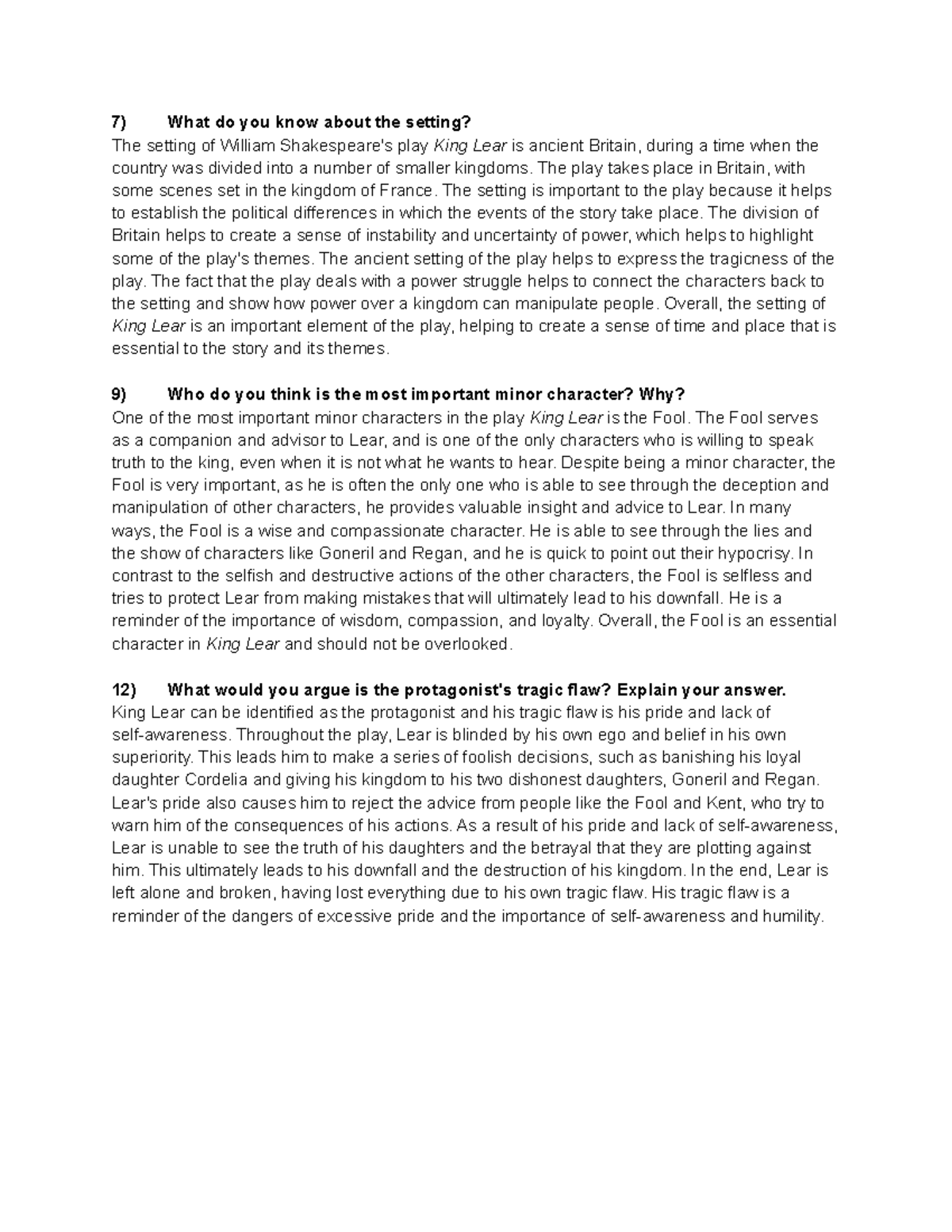 Shakespeare journal entries - What do you know about the setting? The ...