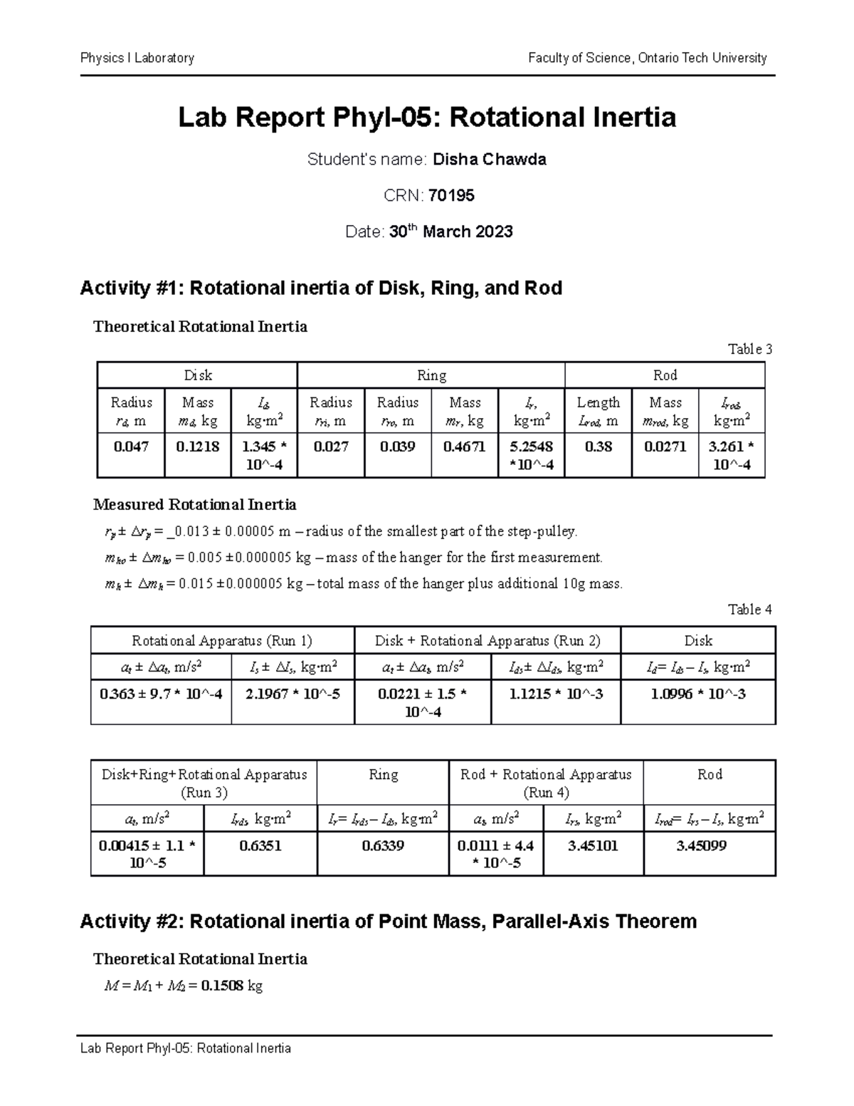 Rotational Inertia Report - Physics I Laboratory Faculty of Science ...