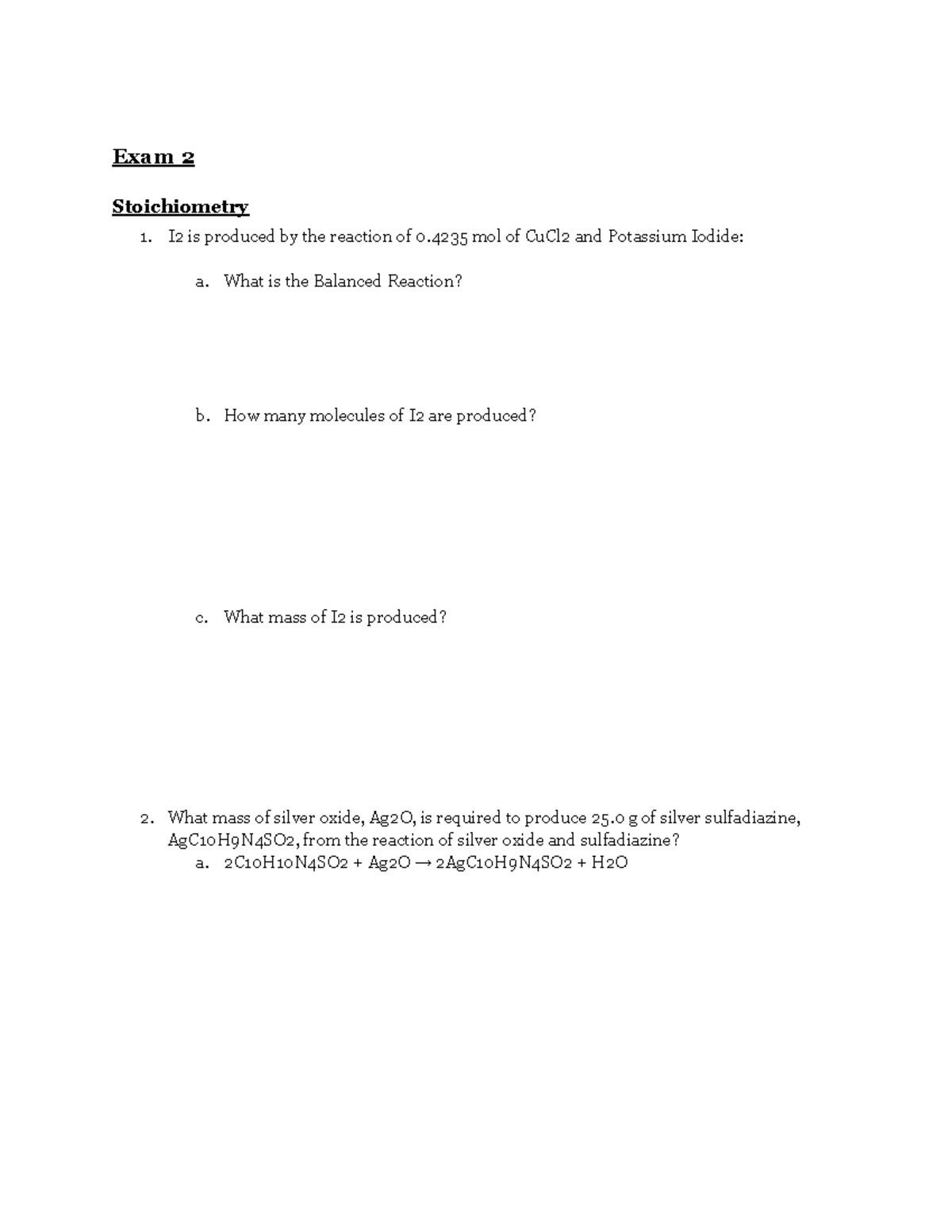 Gen Chem Exam 2 Review Packet - Exam 2 Stoichiometry 1. I2 is produced ...