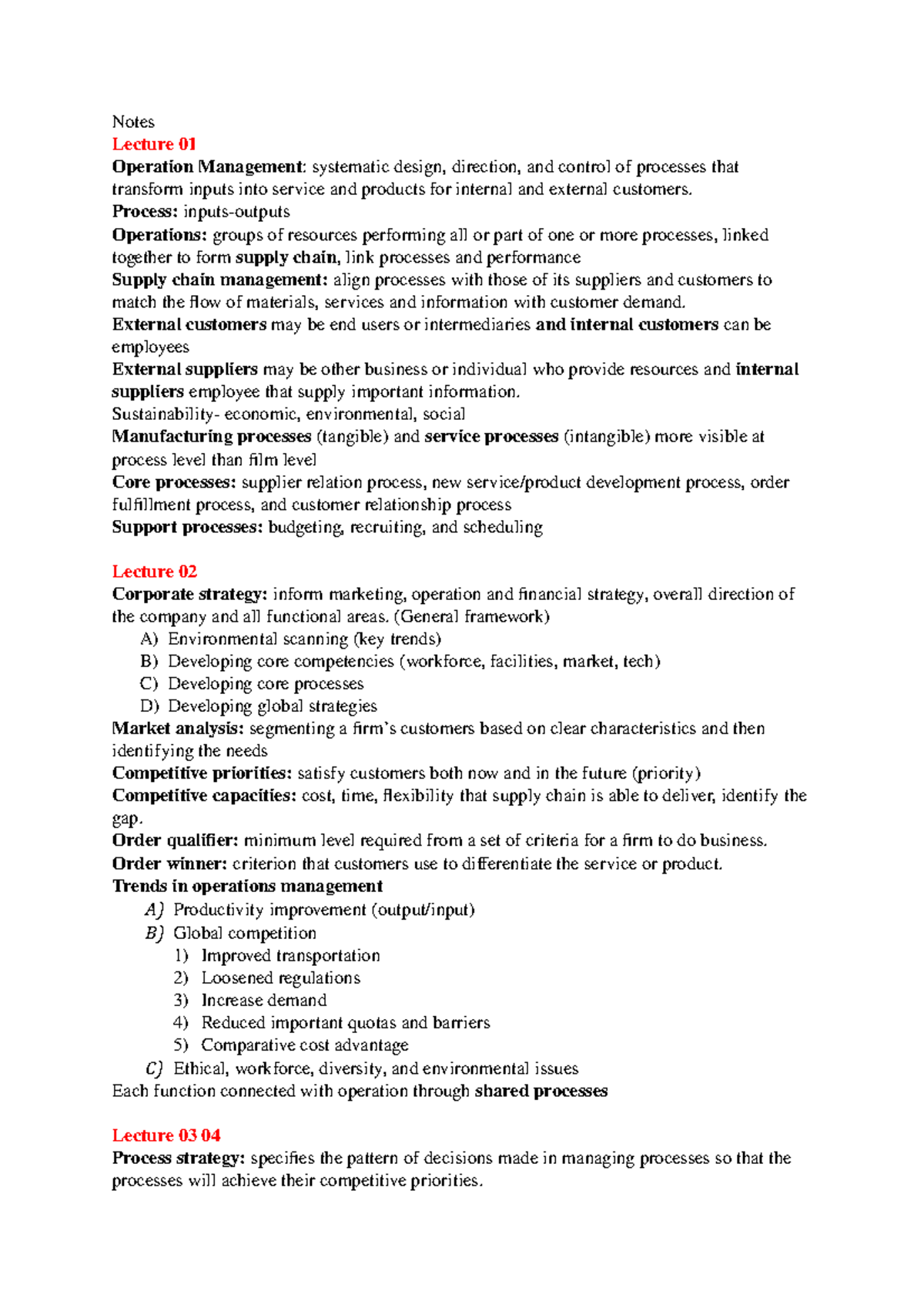 Business module 2 notes - Notes Lecture 01 Operation Management ...