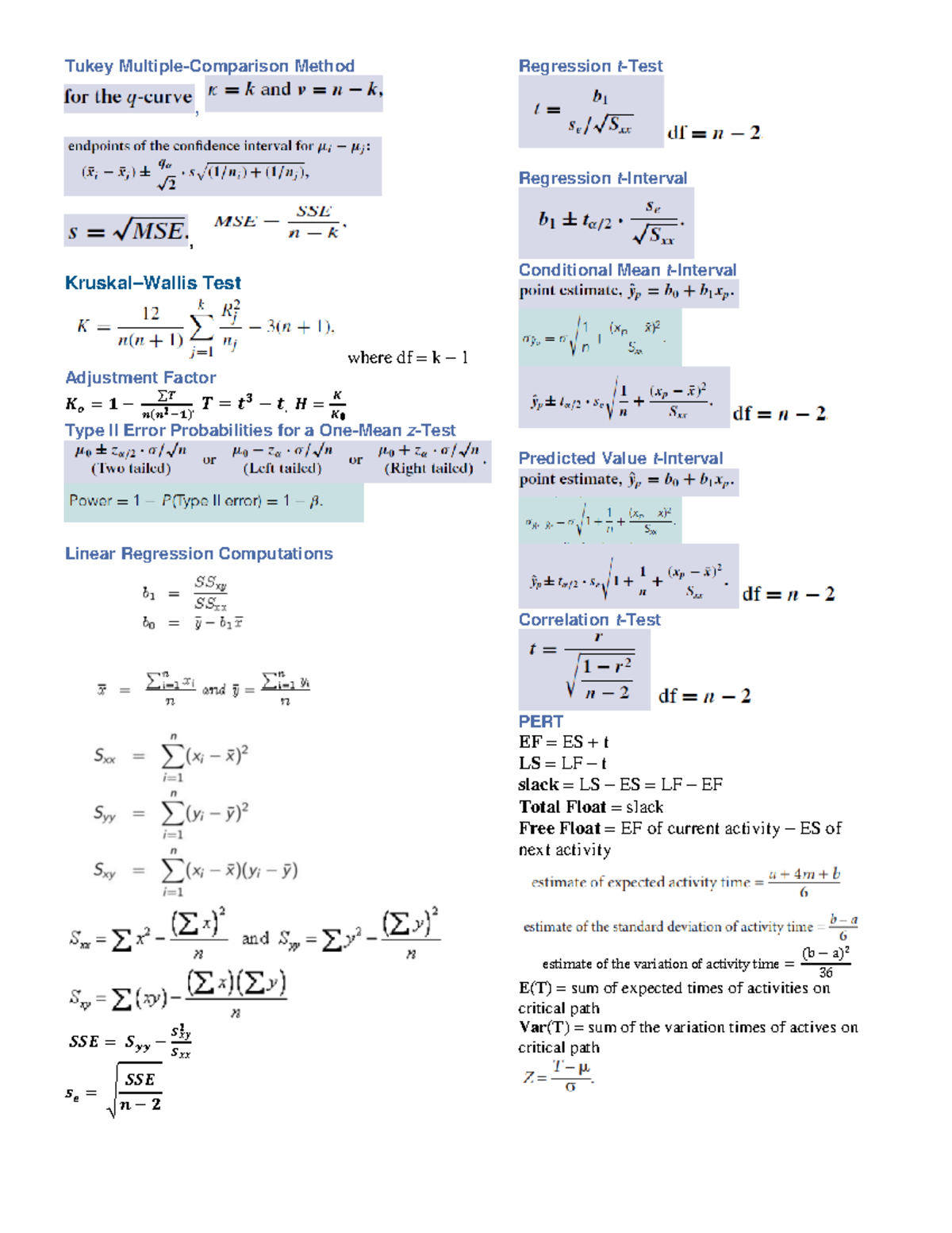 Formula Sheet - Brilliant - Tukey Multiple-Comparison Method ...