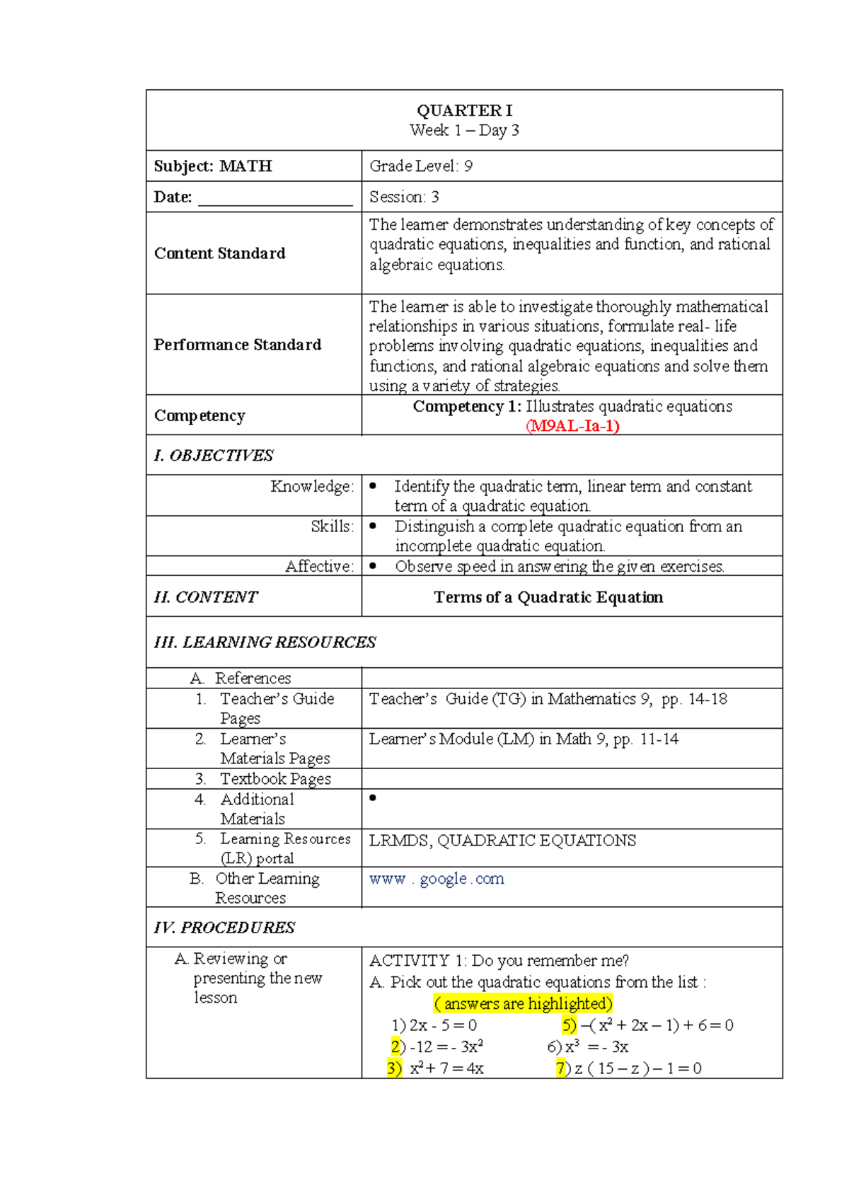 Q1W1D3 - DLP - QUARTER I Week 1 – Day 3 Subject: MATH Grade Level: 9 ...