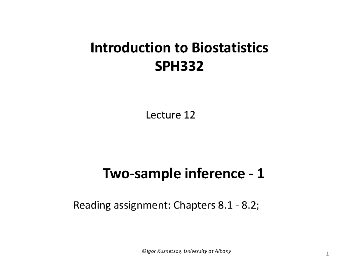 Lecture 12 w/ answers - Two-sample inference - 1 Introduction to Biostatistics SPH Reading - Studocu